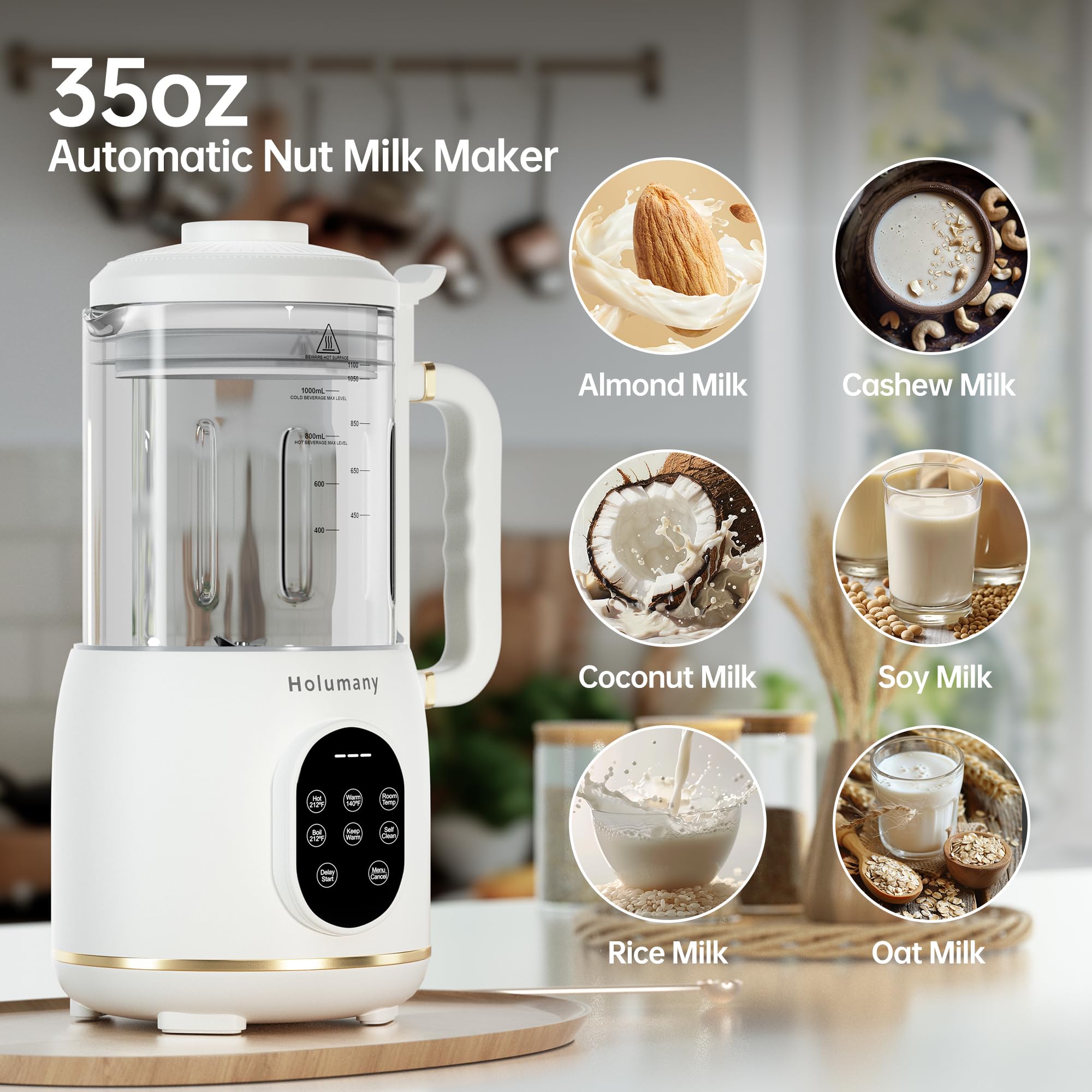 Nut Milk Maker, 35oz Automatic Soy Milk Maker for Homemade Almond, Oat, Soy Milk, Plant-Based Milk and Non-Dairy Beverages, Milk Maker Machine with Delay Start/Keep Warm/Self Clean