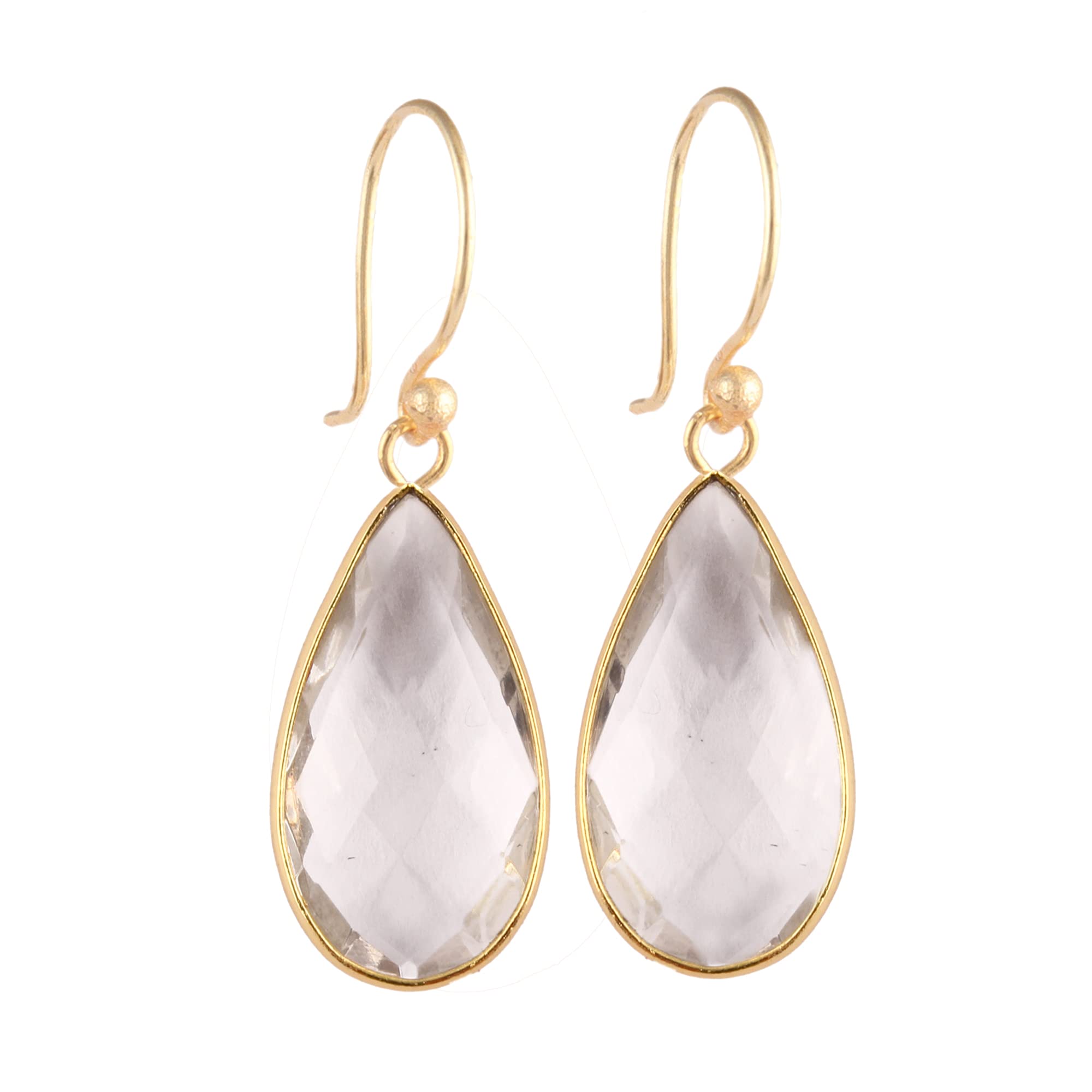 Guntaas Gems Classic Clear Quartz Earring With Bezel Set Teardrop Shape Brass Gold Plated Party Wear Drop Dangle Earrings