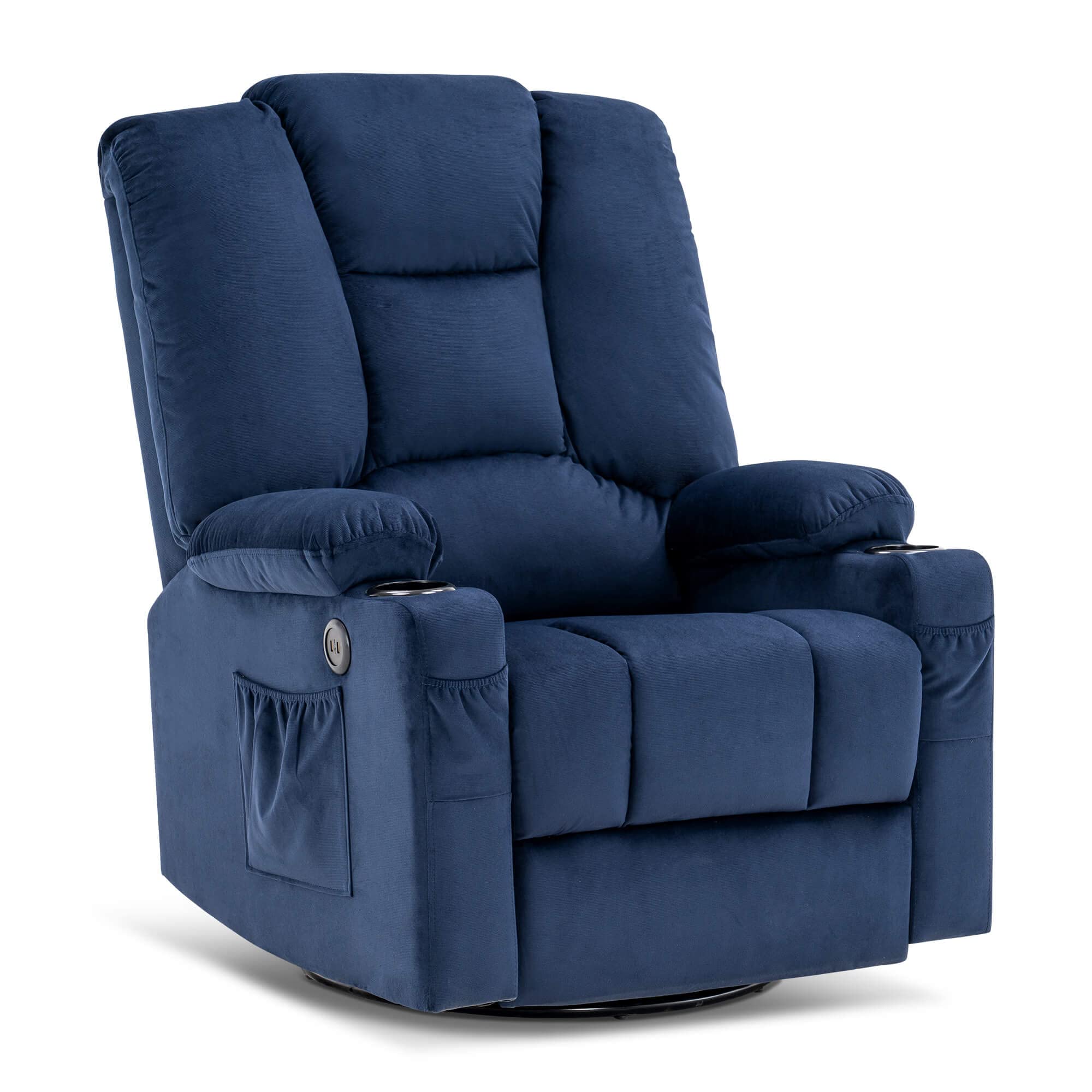 MCombo Manual Swivel Glider Rocker Recliner Chair with Heat and Massage, USB Ports, Cup Holders and Pockets, Fabric 6381 (Blue)