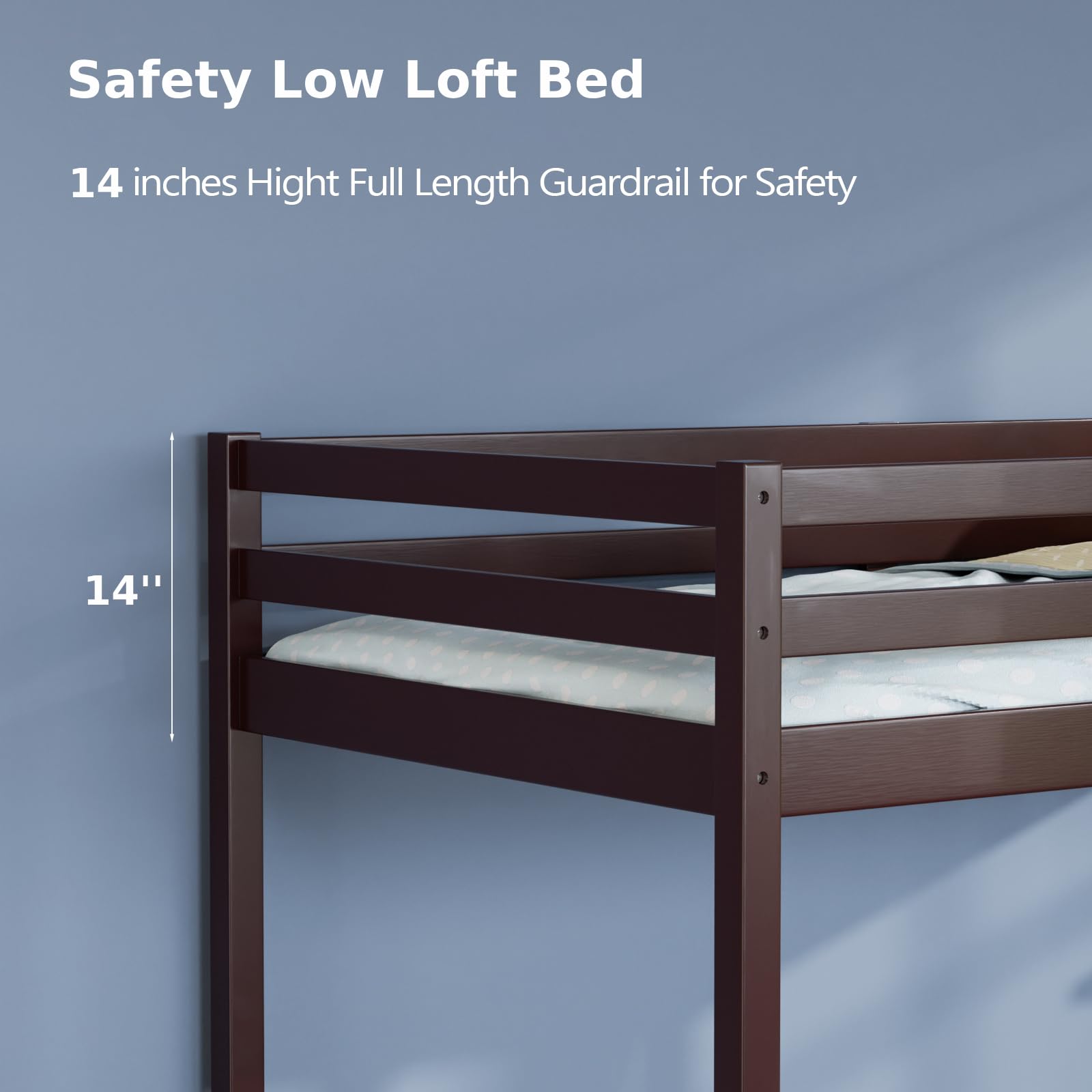 VINGLI 47'' Tall Junior Low Loft Bed with Stairs, White Wood Loft Bed Twin Size for Adults, Kids and Young Teens, No Box Spring Required,Wood Slat Support