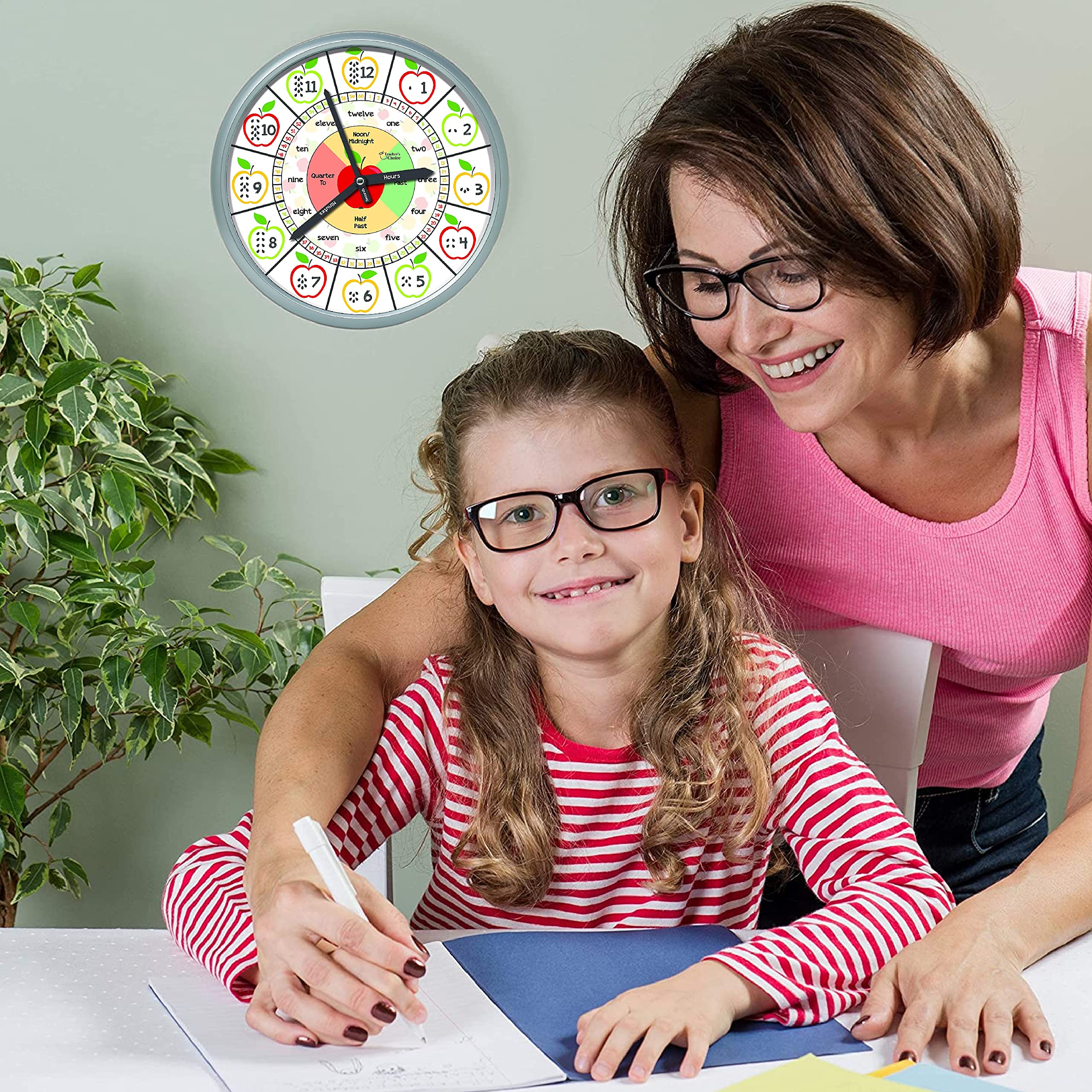Educational Wall Clock - Silent Movement Time Teaching Clock for Teacher's Classrooms and Kid's Bedrooms (Silver/Multicolor Apple)