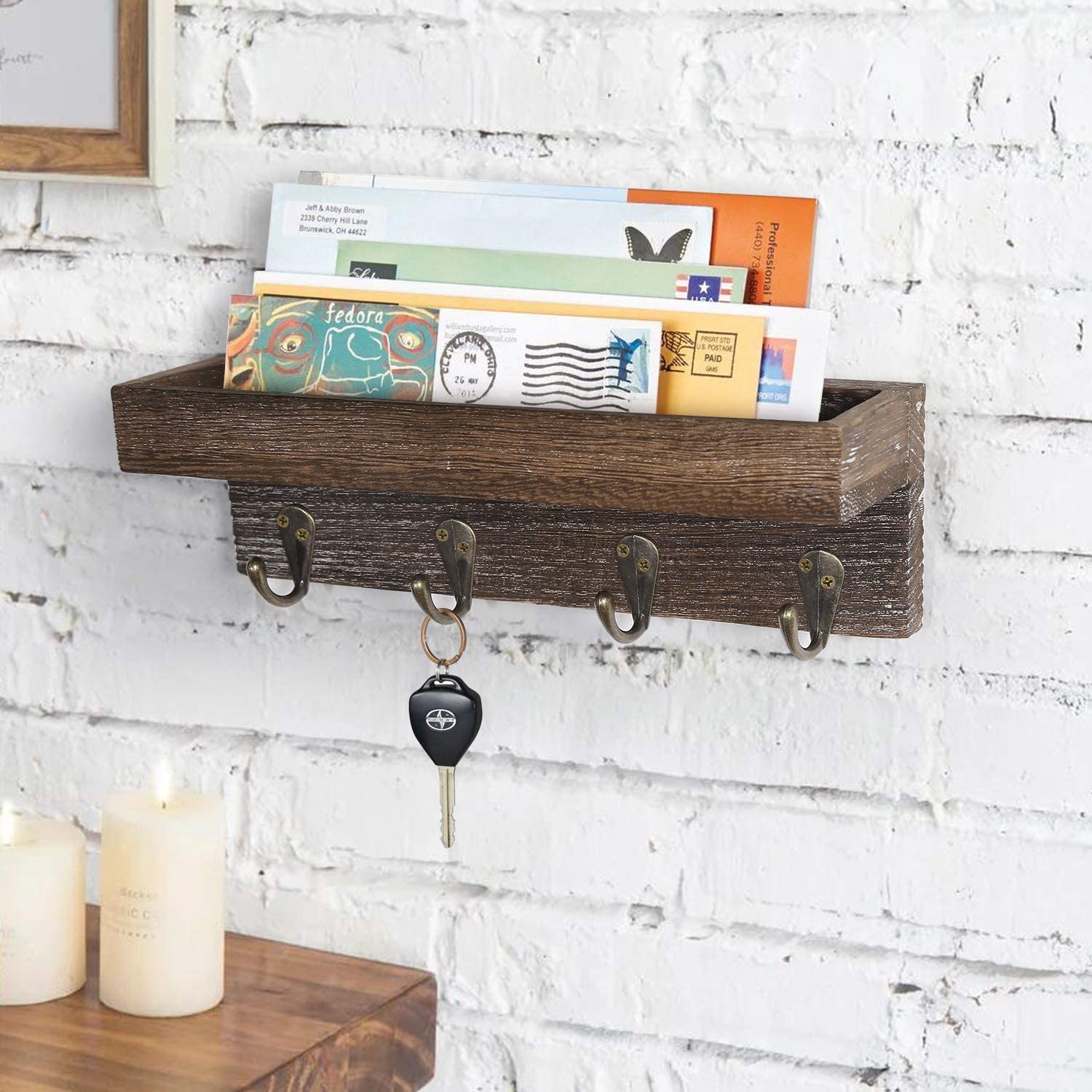 DOCMON Wall Mounted Rustic Wood Shelf, 1 Shelf Key Holder Organizer with 4 Metal Hooks, Farmhouse Style Mail Organizer for Entryway, Hallway, Bedroom, Office