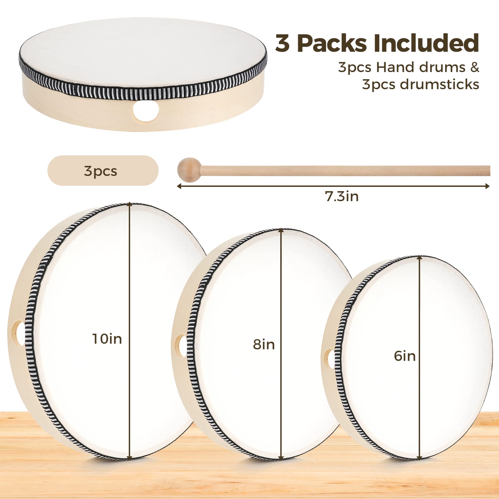 Hand Drums, 3 Pcs Wood Frame Hand Drums with 3 Drumsticks, Percussion Drums Musical Instrument for Adults, Beginners, 6in & 8in & 10in