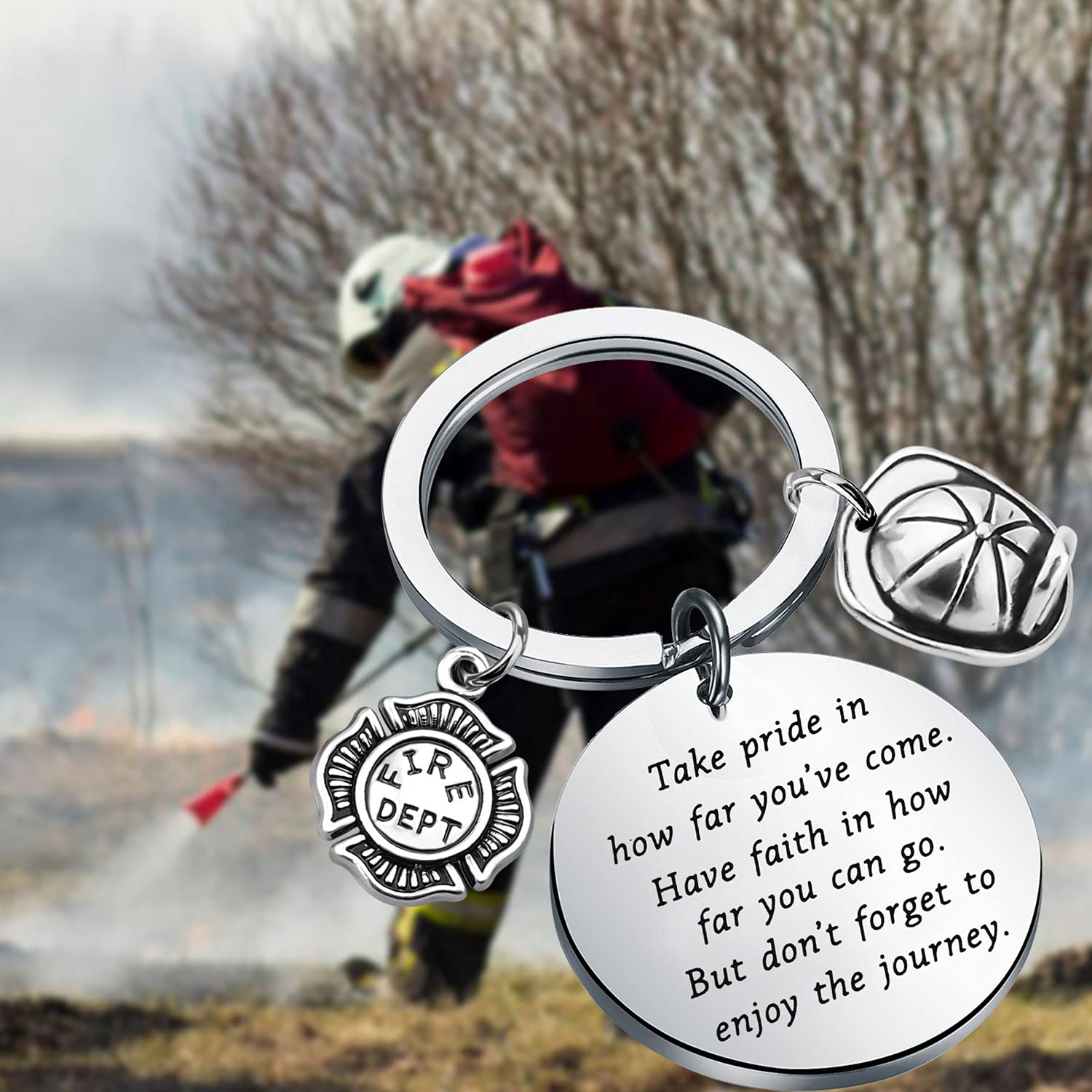 FUSTMW Firefighter Gifts Keychain Fireman Gifts Firefighter Graduation Gifts Take Pride in How Far You Have Come (silver)