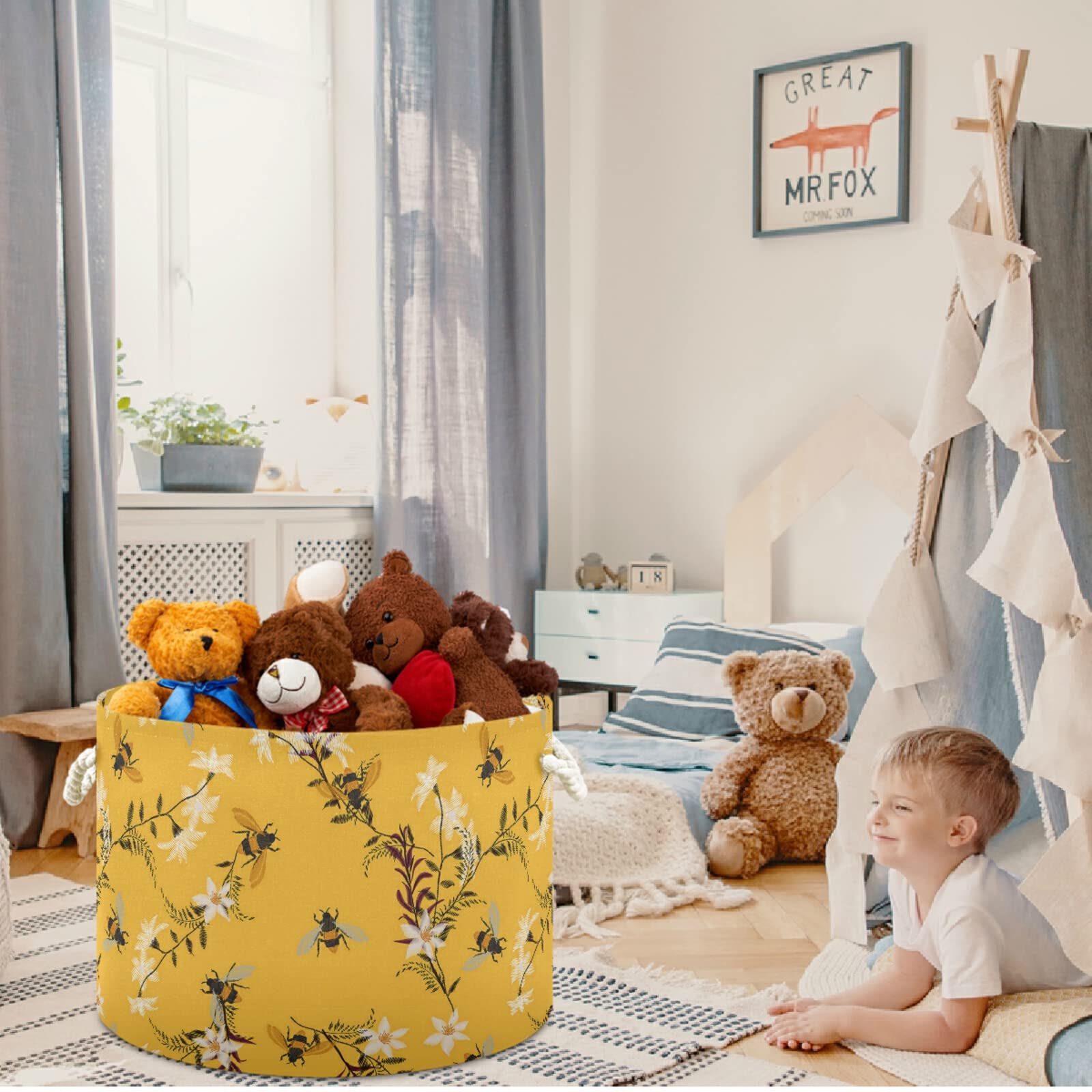 visesunny Stylish Embroidery Bee Butterfly Pattern Laundry Baskets Fabric Storage Bin Storage Box Collapsible Storage Basket Toy Clothes Shelves Basket for Bathroom,Bedroom,Nursery,Closet,Office