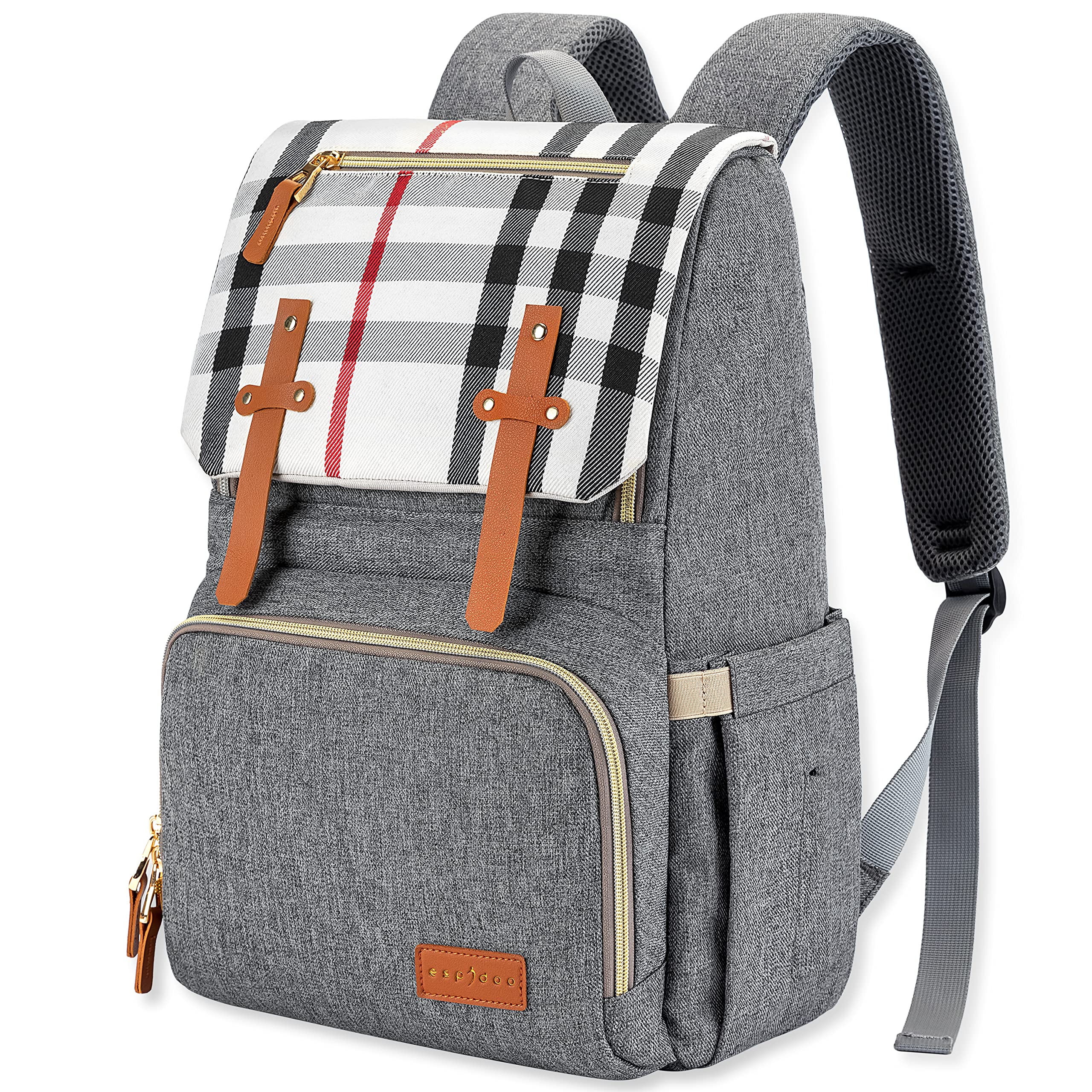 espidoo Diaper Bag Backpack, Large Capacity Multi-Function Waterproof Maternity Nappy Bags Changing Bags with Insulated Pockets and Stroller Straper for Mom Dad Travel Gear, Light Grey with Plaid