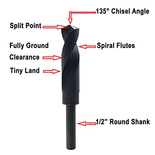MAXTOOL 55/64" Silver and Deming Drill Bits HSS M2 S & D Drill Bits Prentice Twist Drills Black Oxide 1/2" Reduced Shank 6" OAL; SD02B00R055