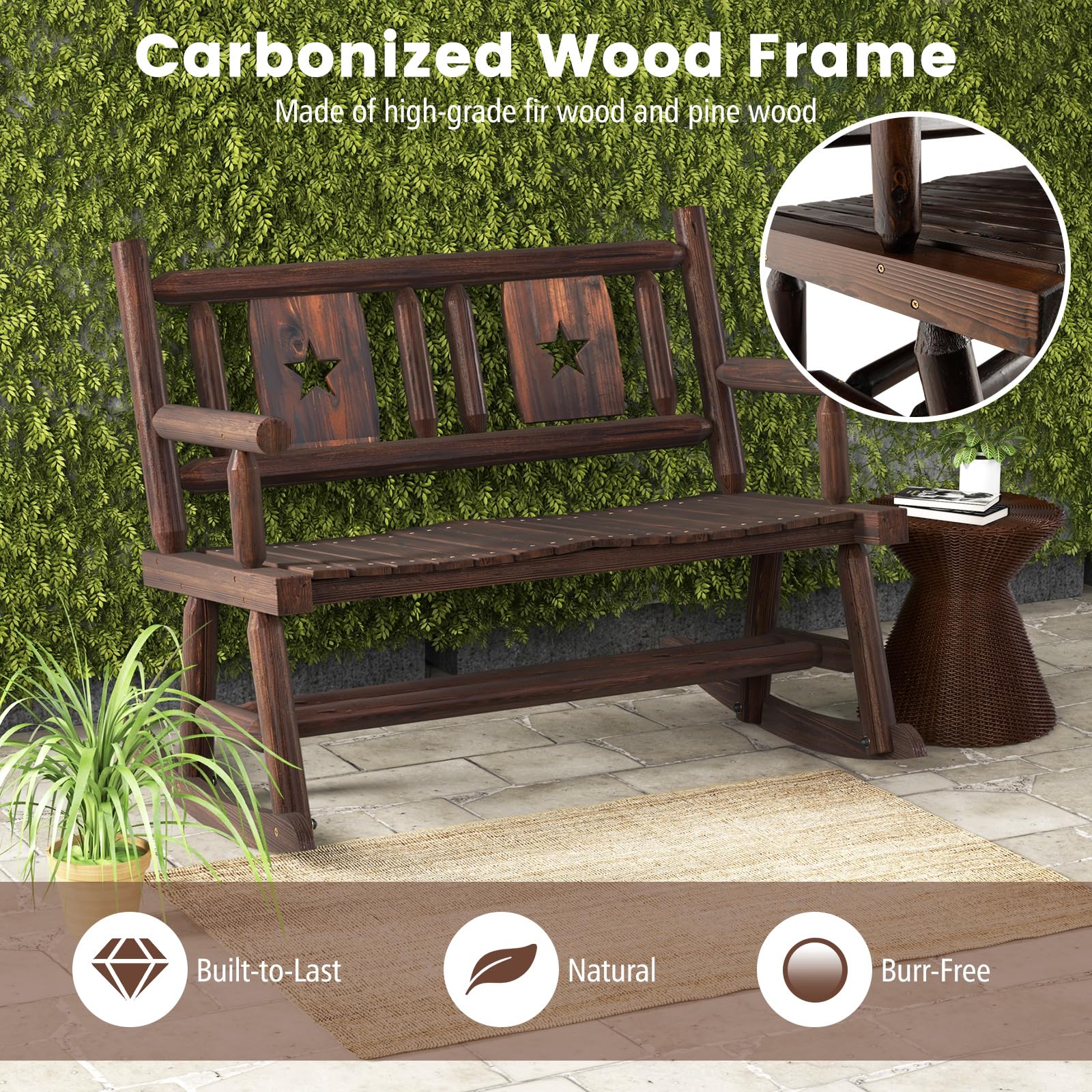 Tangkula Patio Rocking Bench, Carbonized Wood Double Rocker Chair with Ergonomic Seat, 2-Person Solid Wood Rocking Loveseat for Backyard, Porch, Garden, Rustic Farmhouse Style (1, Rustic Brown)