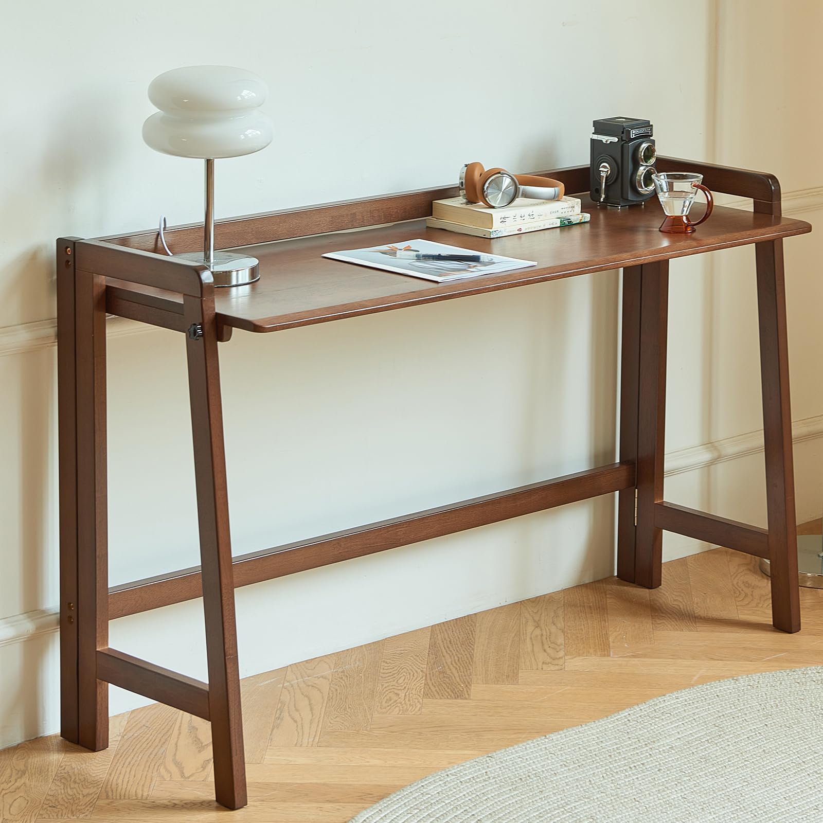 Solid Wood Folding Desk Mid Century Modern Desk, 47'' Foldable Writing Computer Desk for Home Office, Simple Study Makeup Workstation, Wooden Study Office Desk Table for Small Spaces, Walnut Color