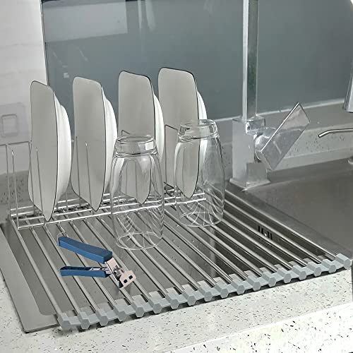 HRAYLTOP Roll Up Dish Drying Rack with Pot Lid Organizer,Plate HolderĀ Rack Over The Sink,Kitchen Foldable Multipurpose HeatĀ Resistant Dish Drainer Rack for Fruits Vegetable and Meat 16.9" x 14.2"