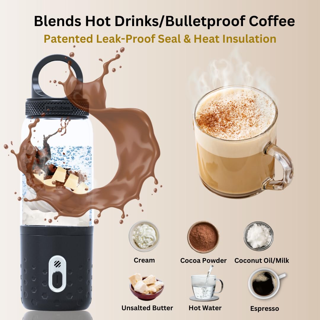 Portable blender, PopBabies Blender for Shakes and Smoothies with 3 Batteries 7500mah USB Rechargeable, Bullet Proof Coffee Blender, Hot and Cold Dual Personal Blender Powerful and Durable 2nd Gen