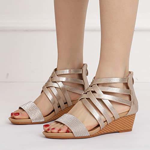 FASDNENDYS Women Wedge Strap Sandals Summer Boho Shoes Comfortable Open Toe Elastic Strap Sandals Bling Summer Sandals for Women