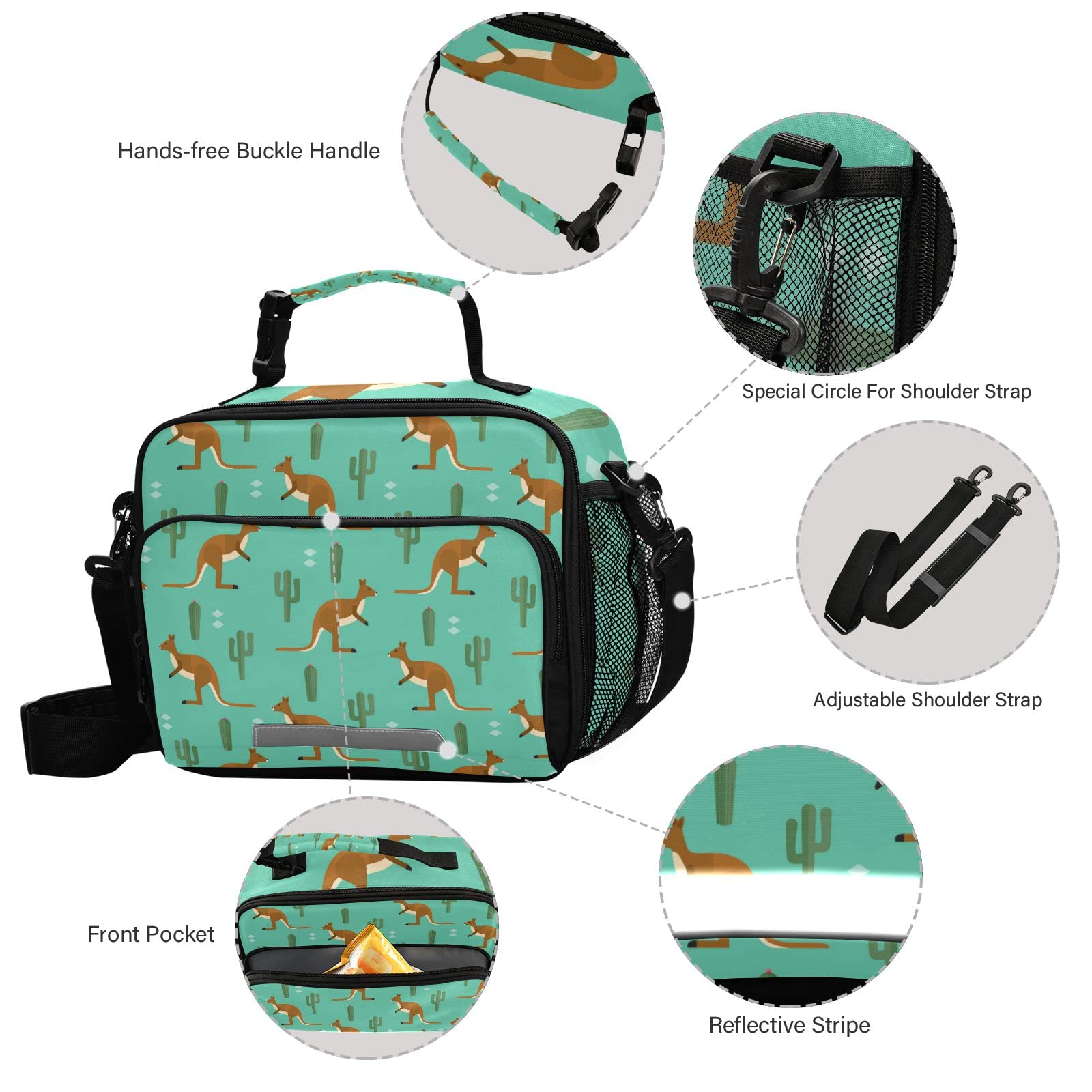 Glaphy Kangaroo and Cactus Lunch Bag, Cooler Lunch Box Insulated Lunch Tote Bags Food Container for Men Women Kids
