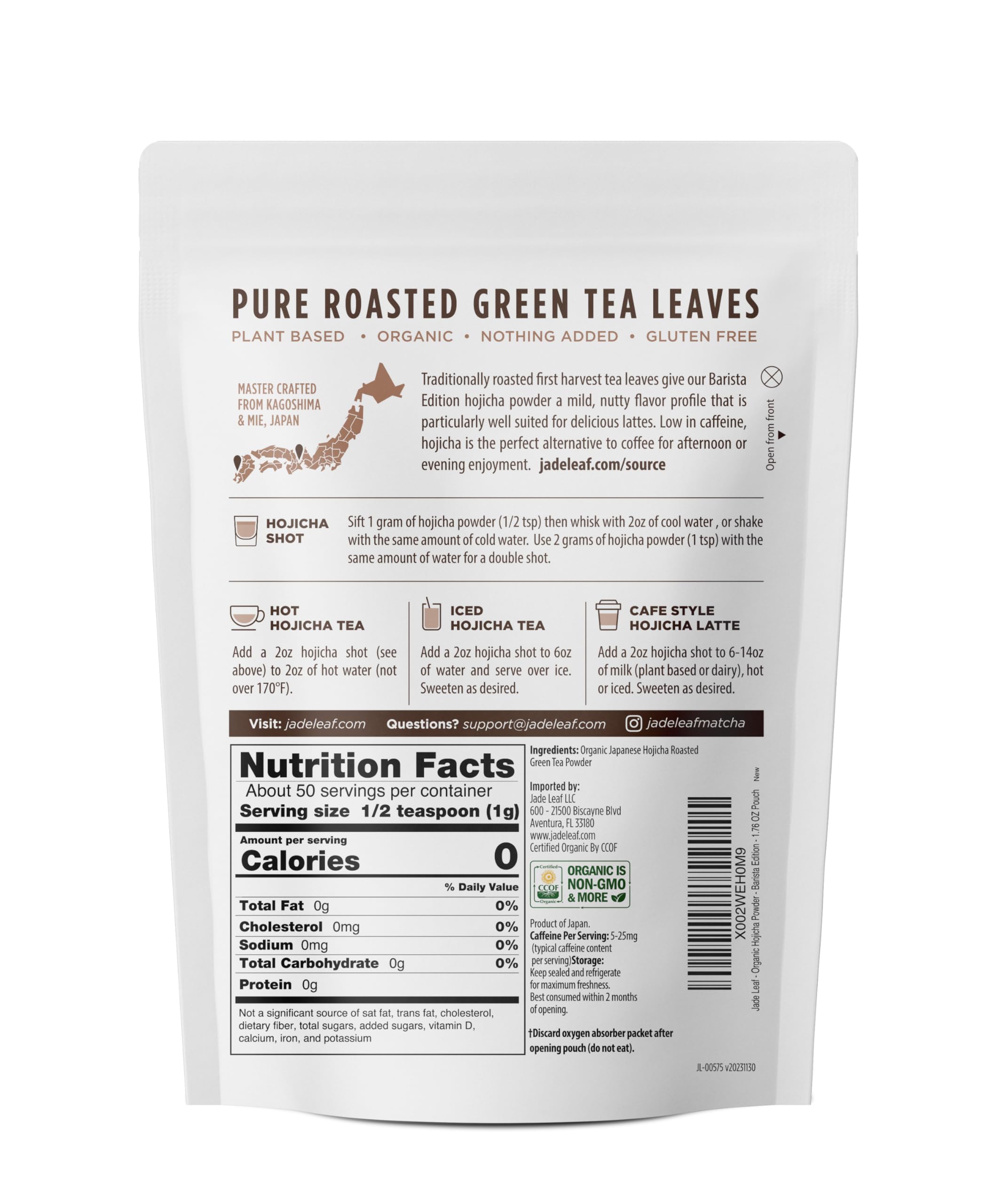 Jade Leaf Matcha Organic Japanese Hojicha Roasted Green Tea Powder, Barista Edition, Authentic Japanese, 50 Servings (1.76 Ounces)