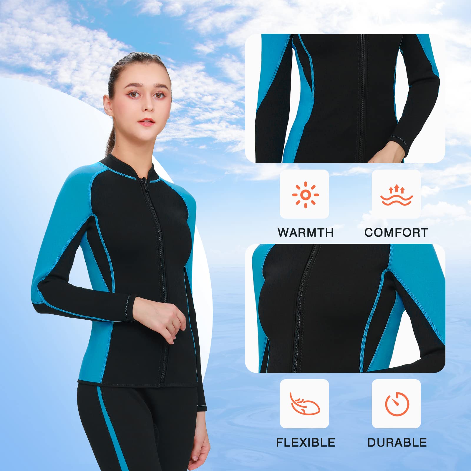 FLEXEL Women's Wetsuit Jacket,2mm Neoprene Wetsuit Tops with Long Sleeves for Women Cold Water Girls Front Zip Diving Tops (2mm Black Blue, 2X-Large)