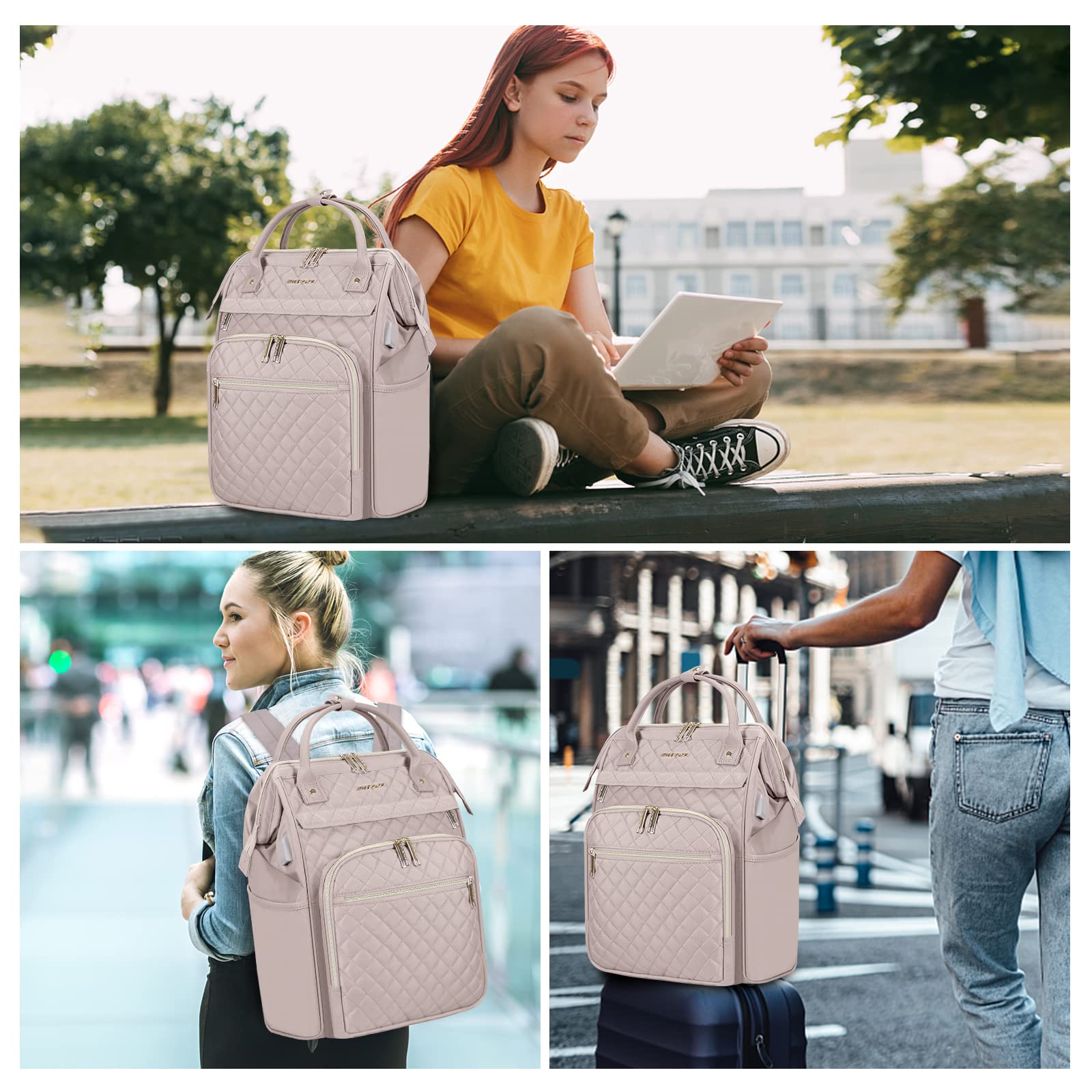 EMPSIGN 17 Inch Laptop Backpack for Women, Work Business Travel Computer College Bags, Large Capacity Water-repellent Quilted Casual Daypack with USB Port, Dusty Pink