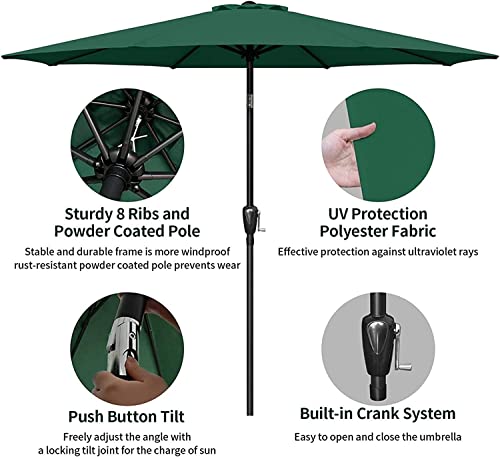 Simple Deluxe 9ft Outdoor Market Table Patio Umbrella with Button Tilt, Crank and 8 Sturdy Ribs for Garden, Deck, Lawn, Backyard & Pool, Green