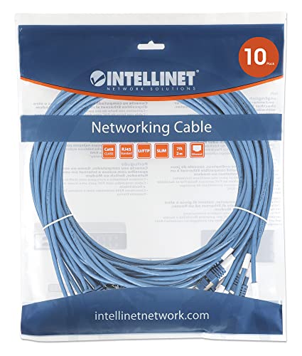 Intellinet Slim Cat8 Ethernet Network Patch Cable – 10-Pack - 40Gbps & 2000MHz, Snagless Boot, 30AWG Pure Bare Copper Wire, Gold-Plated Contacts, Lifetime Mfg Warranty – 1.5ft, 10 Pack, Blue