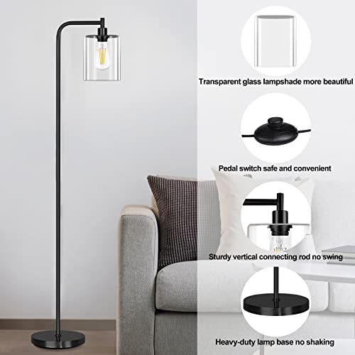 QiMH Industrial Floor Lamp for Living Room, Modern Standing Lamp with HD Glass Lampshade and Pedal Switch, 67β Tall Pole Light for Bedroom Study Room, Black (2700K LED Bulb Included)