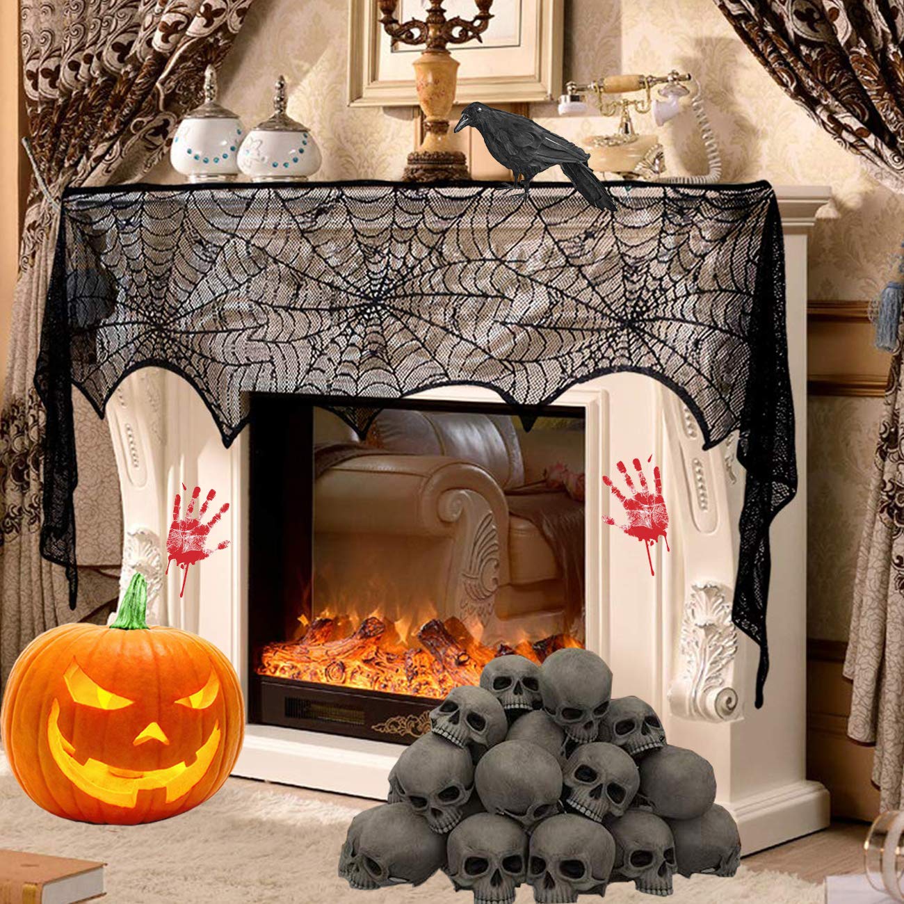 Sunnyglade Halloween 18"x96" Lace Spiderweb Fireplace Mantle Cover Fireplace Scarf & 54"x72" Rectangular Black Spider Web Lace Tablecloth, Festive Party Halloween Supplies