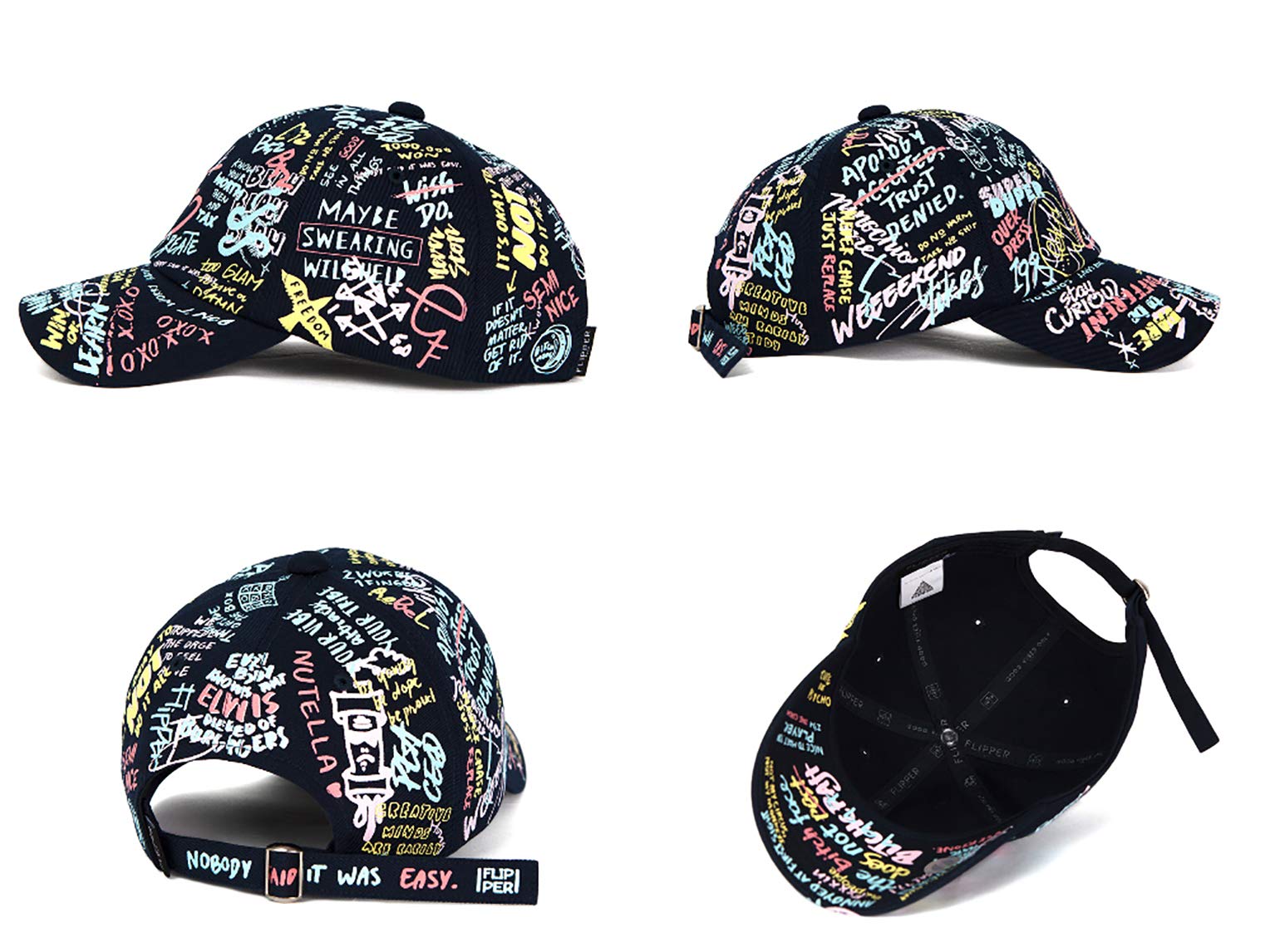 Flipper New Version of Designer Multi Colors Doodle Sketch Graffiti Cotton Baseball Cap K-pop Korean Dad Hat, (White, Large ~ X-Large (23 1/8" ~ 23 7/8"))