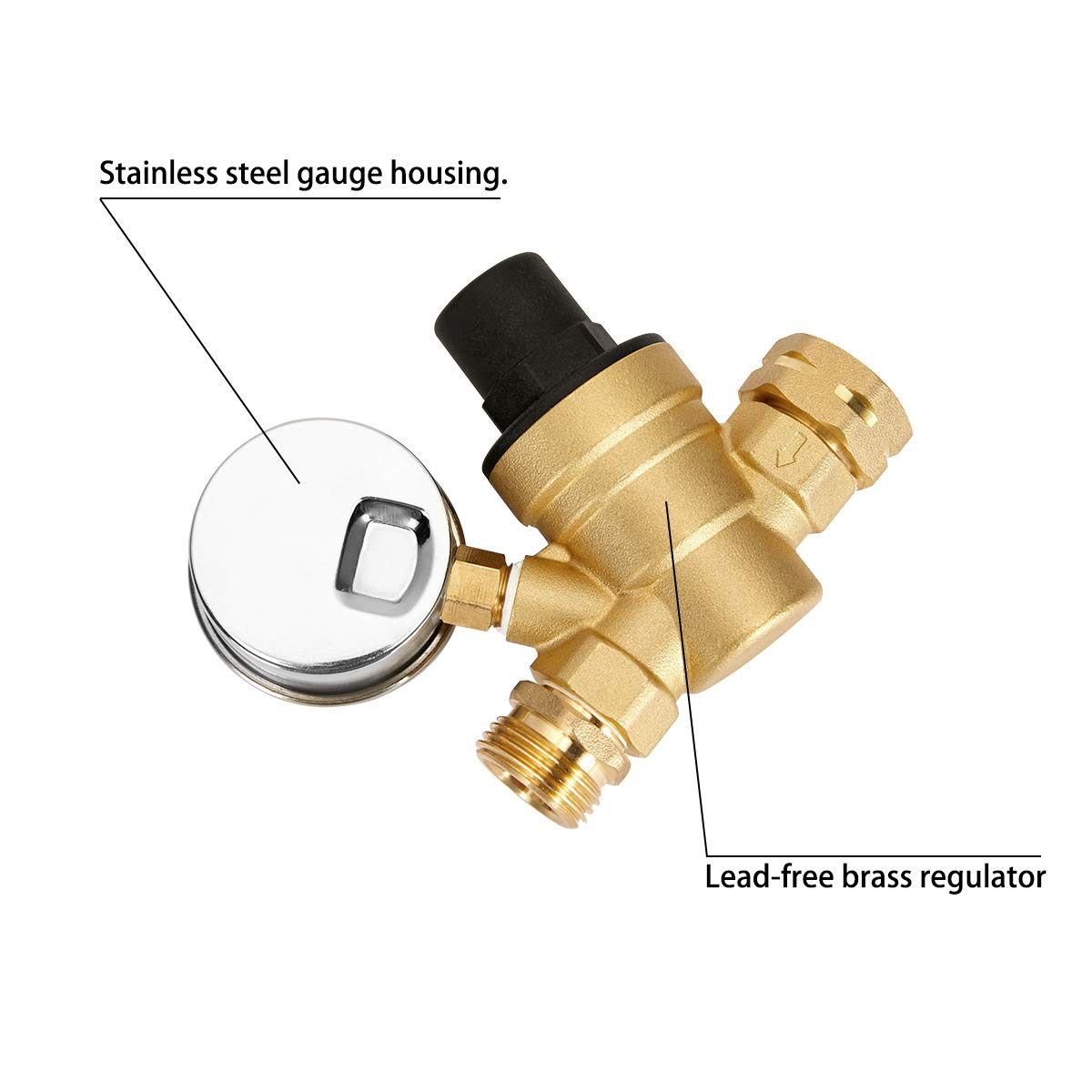 Esright Brass Water Pressure Regulator 3/4 Lead-Free with Gauge for RV Camper Adjustable Water Pressure Regulator,Build-in Oil (NH Threads)