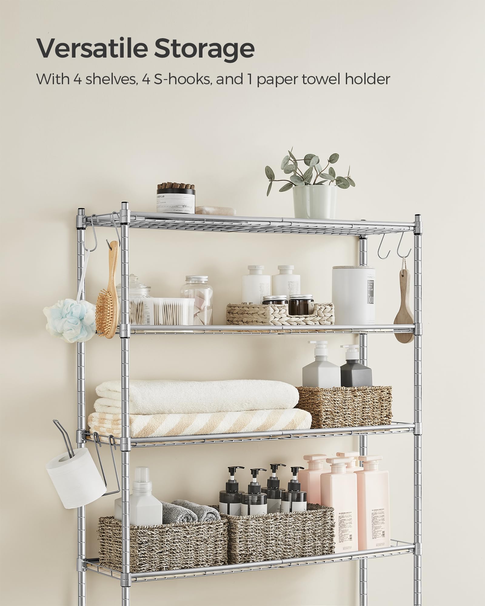 SONGMICS 4 Tier Over The Toilet Storage, Metal Storage Rack, Adjustable Shelves, 4 Hooks, Roll Holder, Space-Saving Bathroom Storage Shelf Organizer, 11.8 x 32.7 x 69.3 Inches, Silver Gray UBTS023G01