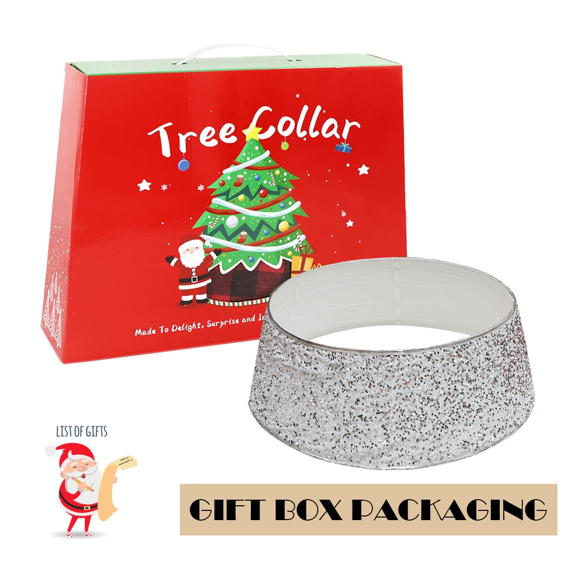 EDLDECCO Christmas Tree Collar 30 Inches Base Sequin Buffalo Check Tree Skirt Ring Plastics Sheets with Collar Cover Holiday Home Party Decor Ornaments (Silver)