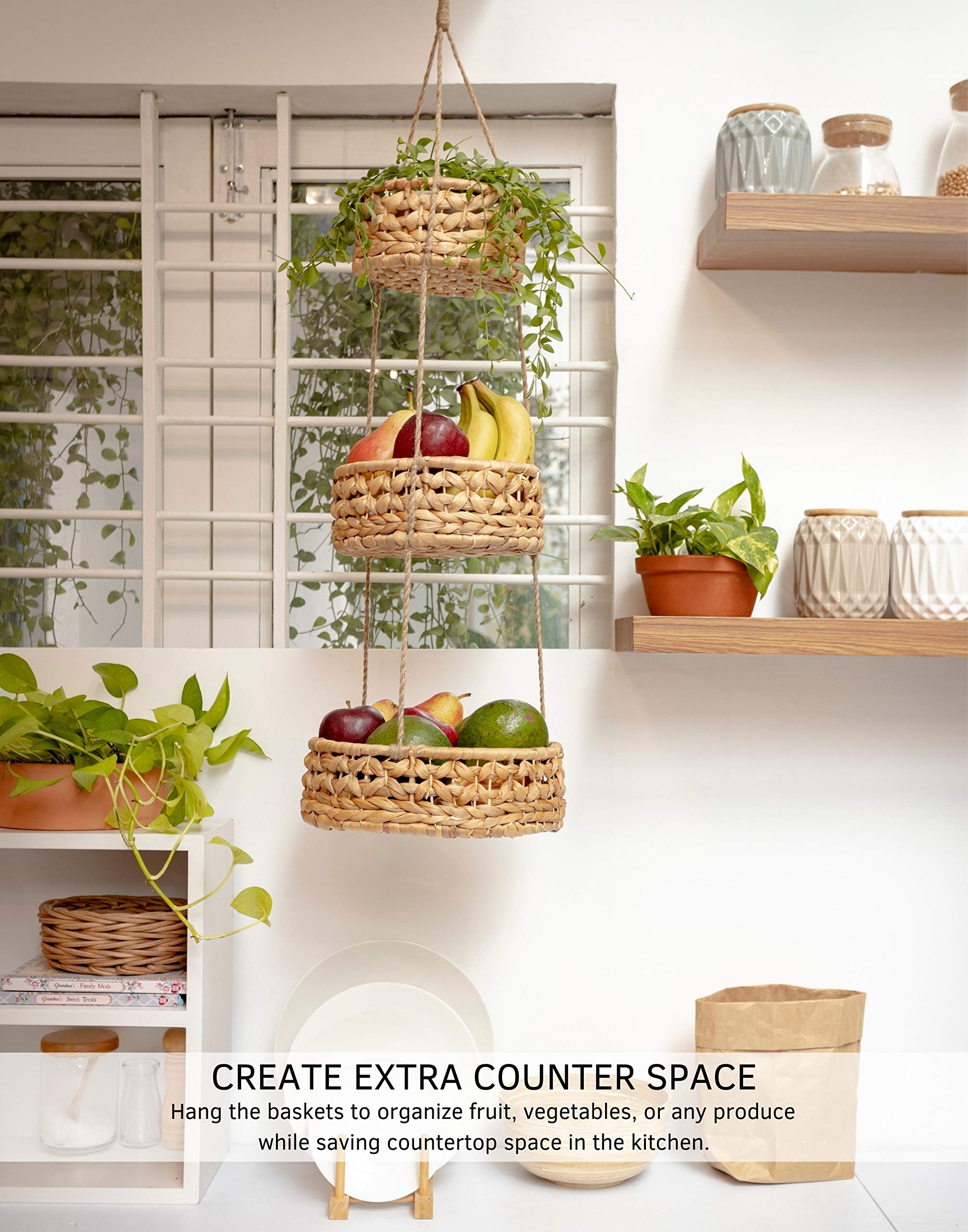 Hanging Fruit Basket 3 Tier for Kitchen, Handmade Natural Rattan Handwoven Wicker Seagrass Woven Wall Baskets Vegetable Organizer Produce Fruit Holder Counter Space Saver Storage Boho Hanging Planter