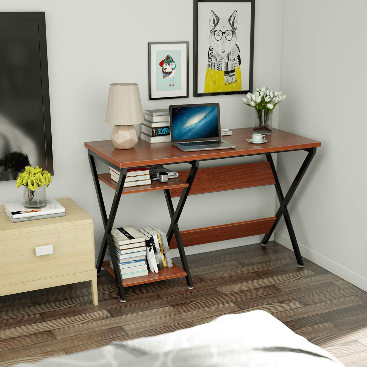 DEWEL Computer Desk 47 inch Writing Desk with Shelf Home Office Desk Study Table Gaming Desk Workstation for Small Space Storage