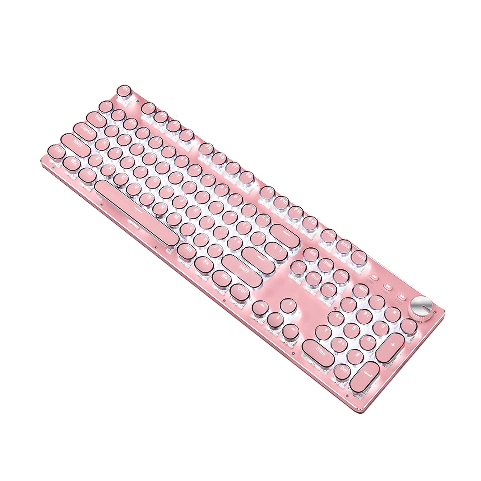 TISHLED Pink Typewriter Style Mechanical Gaming Keyboard White LED Backlit, 104-Key Anti-Ghosting Blue Switch Retro Steampunk Round Keycap Multifunction Knob Metal Panel Wired USB for PC, Mac, Laptop