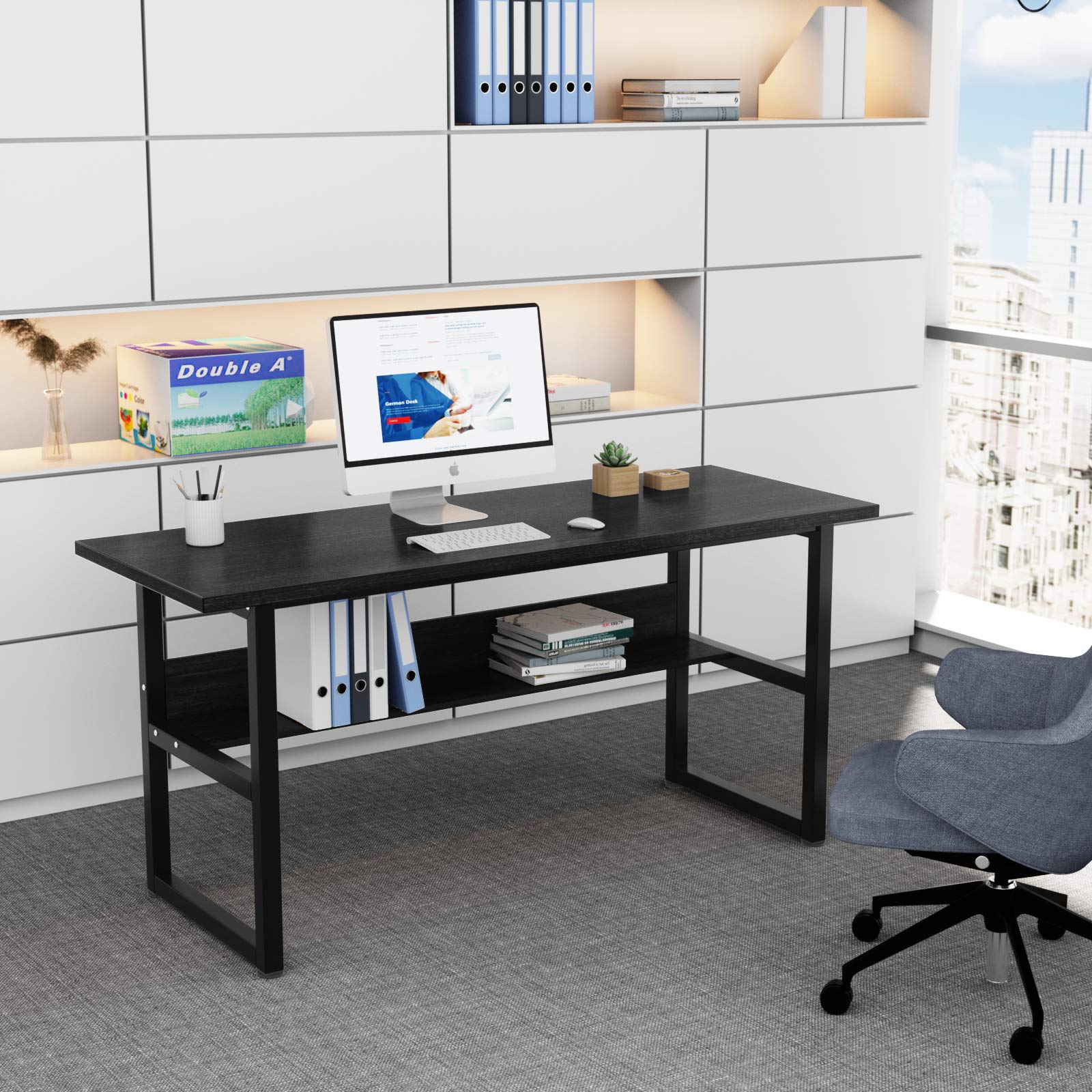 DEWEL Computer Desk with Bookshelf 63inch Writing Desk Home Office Desk with Storage Shelf Large Gaming Table Corner Workstation for Bedroom Simple Style Easy Assembly(63 inch Black Walnut)