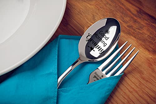 HSSPIRITZ 2 Pieces Good Morning Granny Funny Engraved Stainless Spoon Fork Set,Restaurant Dinner Spoon and Fork With Gift Box,Best Gifts for Grandma Mom Birthday Mother's Day Christmas