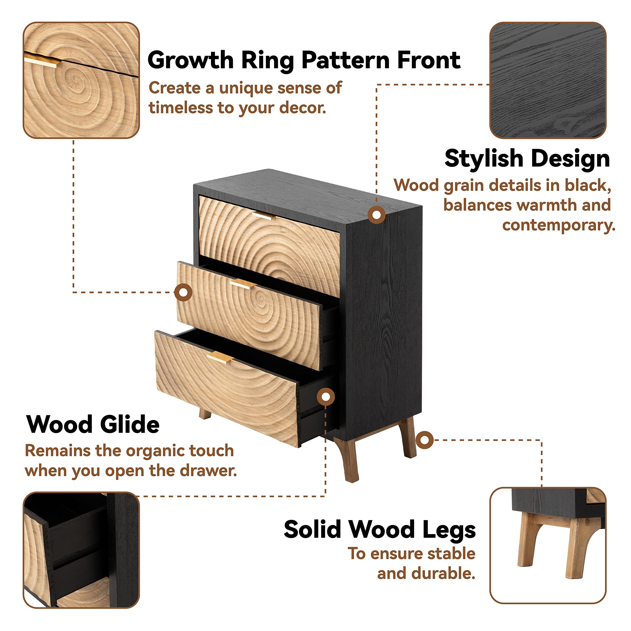 LONYKE 3-Drawer X 2P Farmhouse Dresser with Handcrafted Wood Ring Motif, Black Nightstand for Bedroom, Fully-Assembled, Morden Rustic