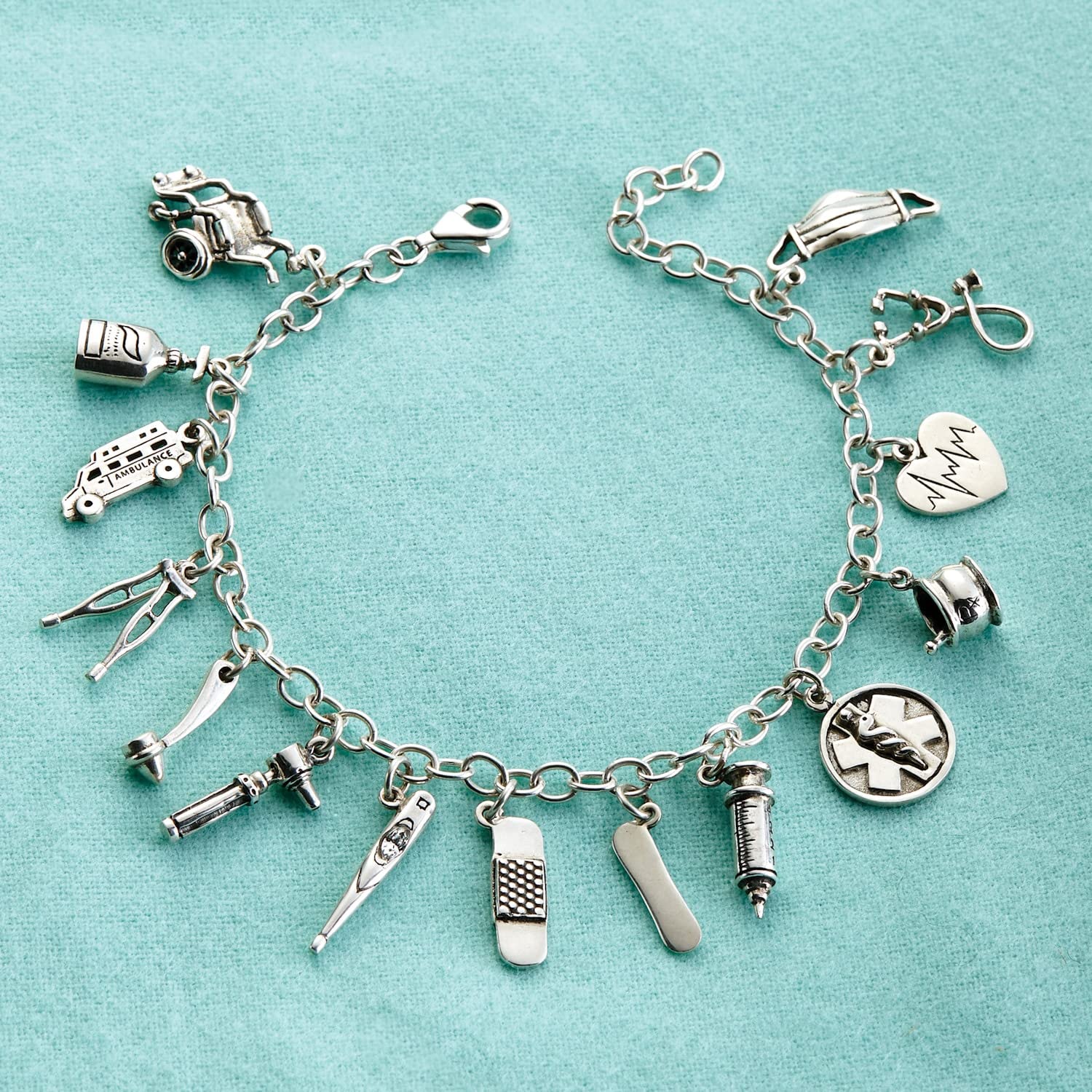 FLORIANA Medical Symbols Charm Bracelet for Healthcare Workers, Sterling Silver