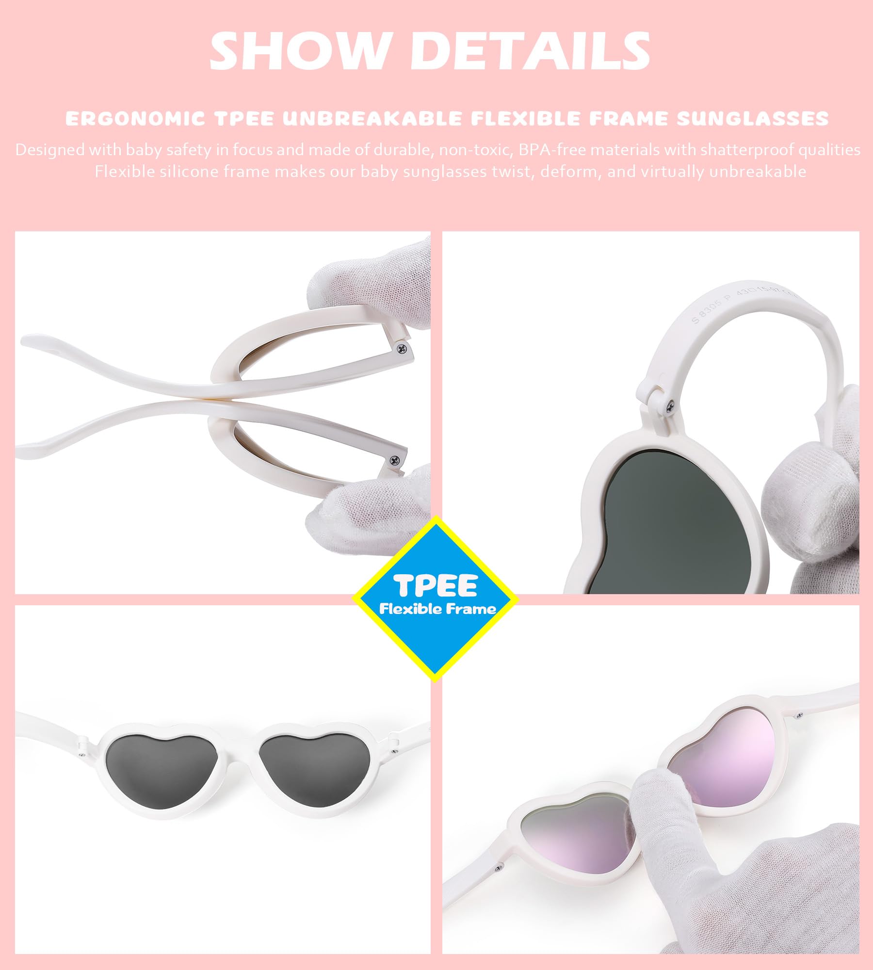 Flexible Heart Shaped Baby Polarized Sunglasses with Strap Adjustable Toddler & Infant Age 0-24 Months (White/Purple Mirrored + Pink/Pink Mirrored) - 2 Pack