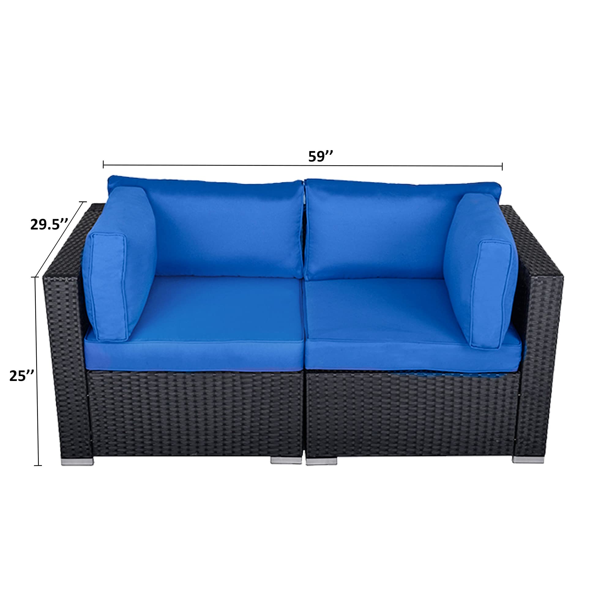 SUNVIVI OUTDOOR Patio Loveseat, 2 Piece Wicker Outdoor Sectional Couch with Removable Navy Blue Cushions, Extra Sofa Furniture