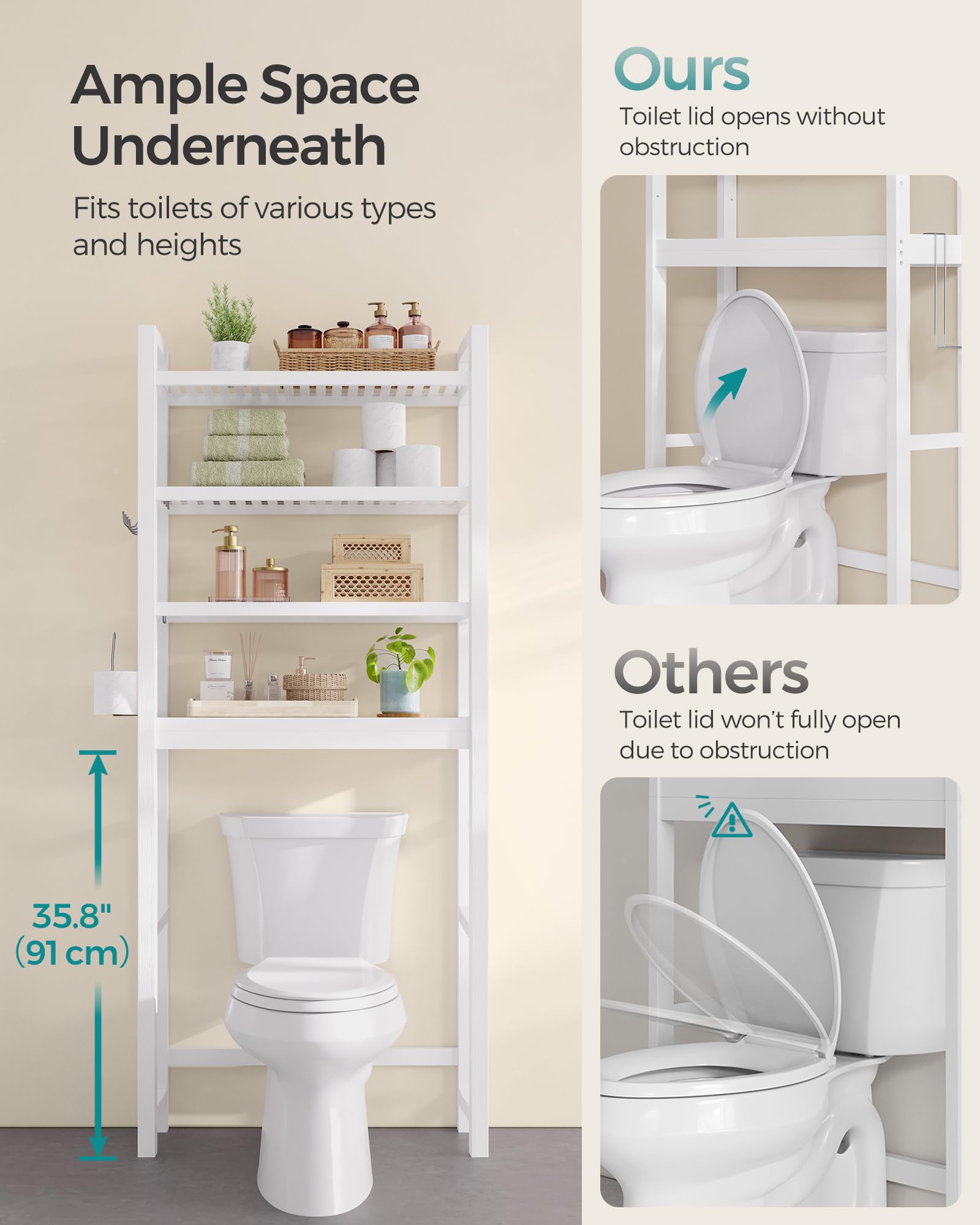 SONGMICS Over The Toilet Storage, 4-Tier Over Toilet Bathroom Organizer with Adjustable Shelf, Fit Most Toilets, Space-Saving, Easy Assembly, Cloud White UBTS041W01