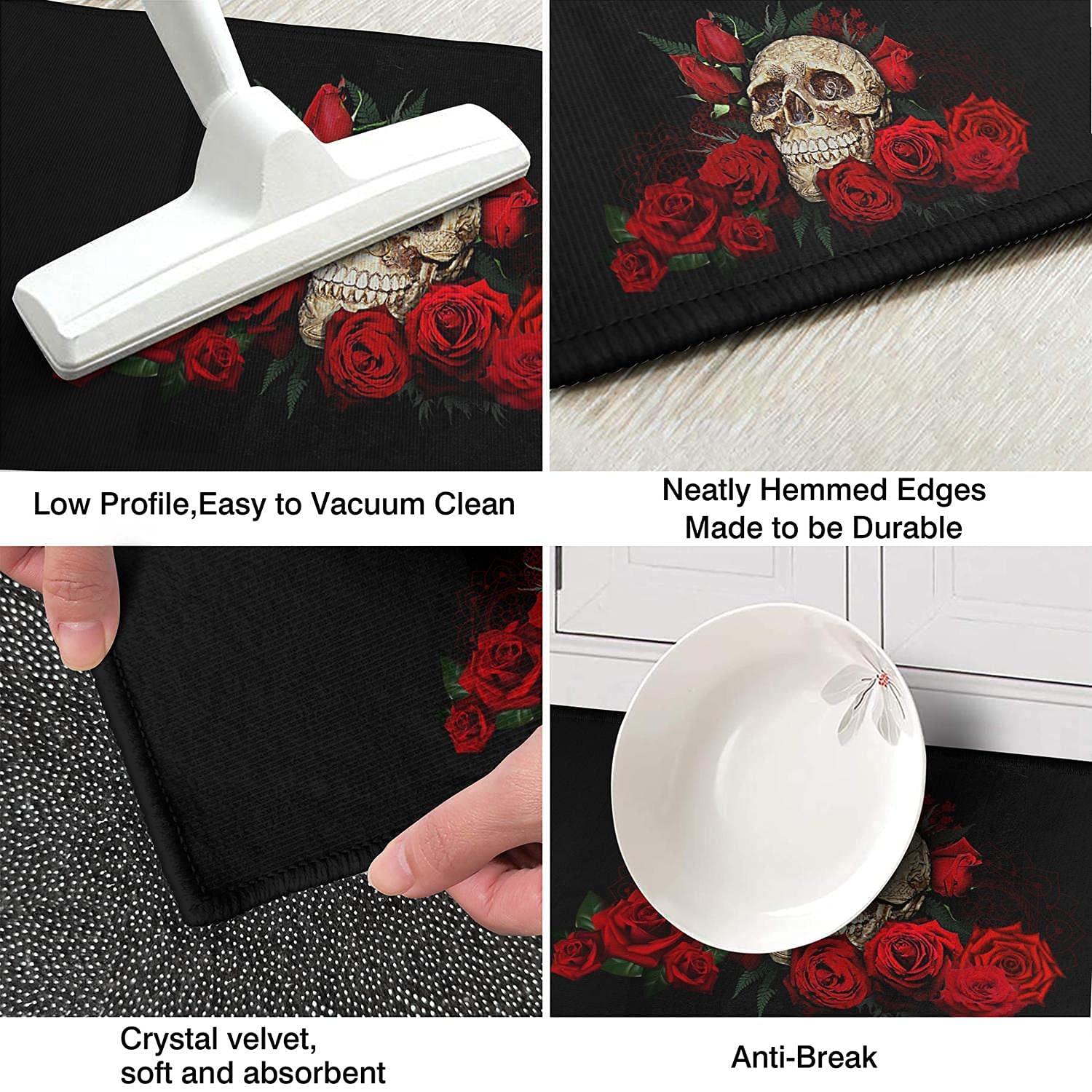 Fuoxowk Skull Roses Kitchen Mat Set, Halloween Decor Goth Kitchen Runner Rugs with Rubber Backing, Throw Rugs Washable for Kitchen Sink, Laundry Room, Standing Desk, Entry, Cool Black Area Rug