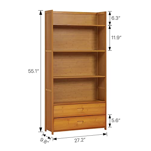 MoNiBloom 4 Tier Bookcase with 2 Drawers, Bamboo Large Multifunctional Shelf Storage Organizer Book Display Shelves for Home Living Room Office, Brown