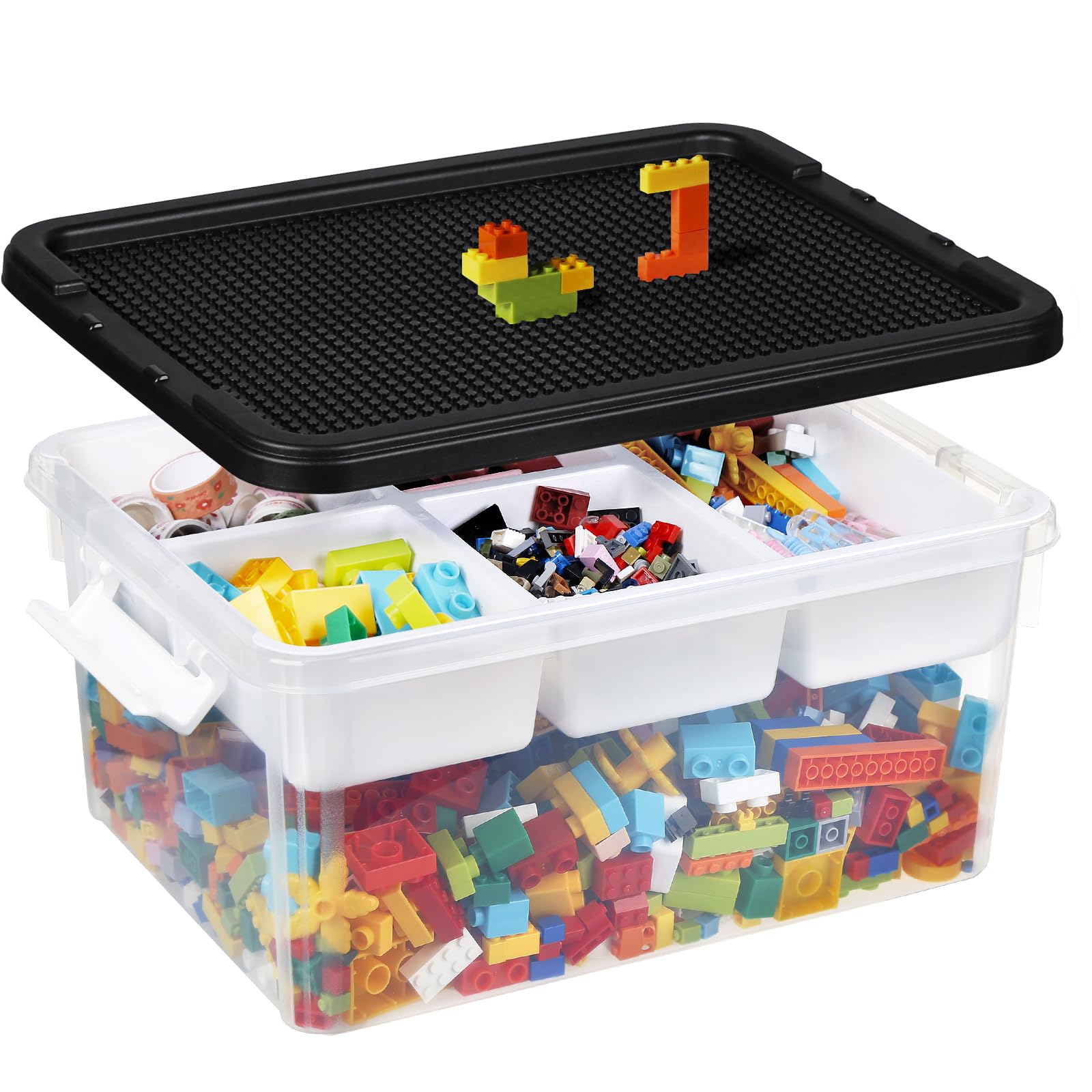 Loobuu 3 Pack Art Craft Storage Organizer Box with Building Baseplate Lid and Removable Tray-17QT Clear Plastic Stackable Container Bin for Organizing Toy/Sewing/Bead/Tool/Playdoh(15.94"x11.61"x7.28")