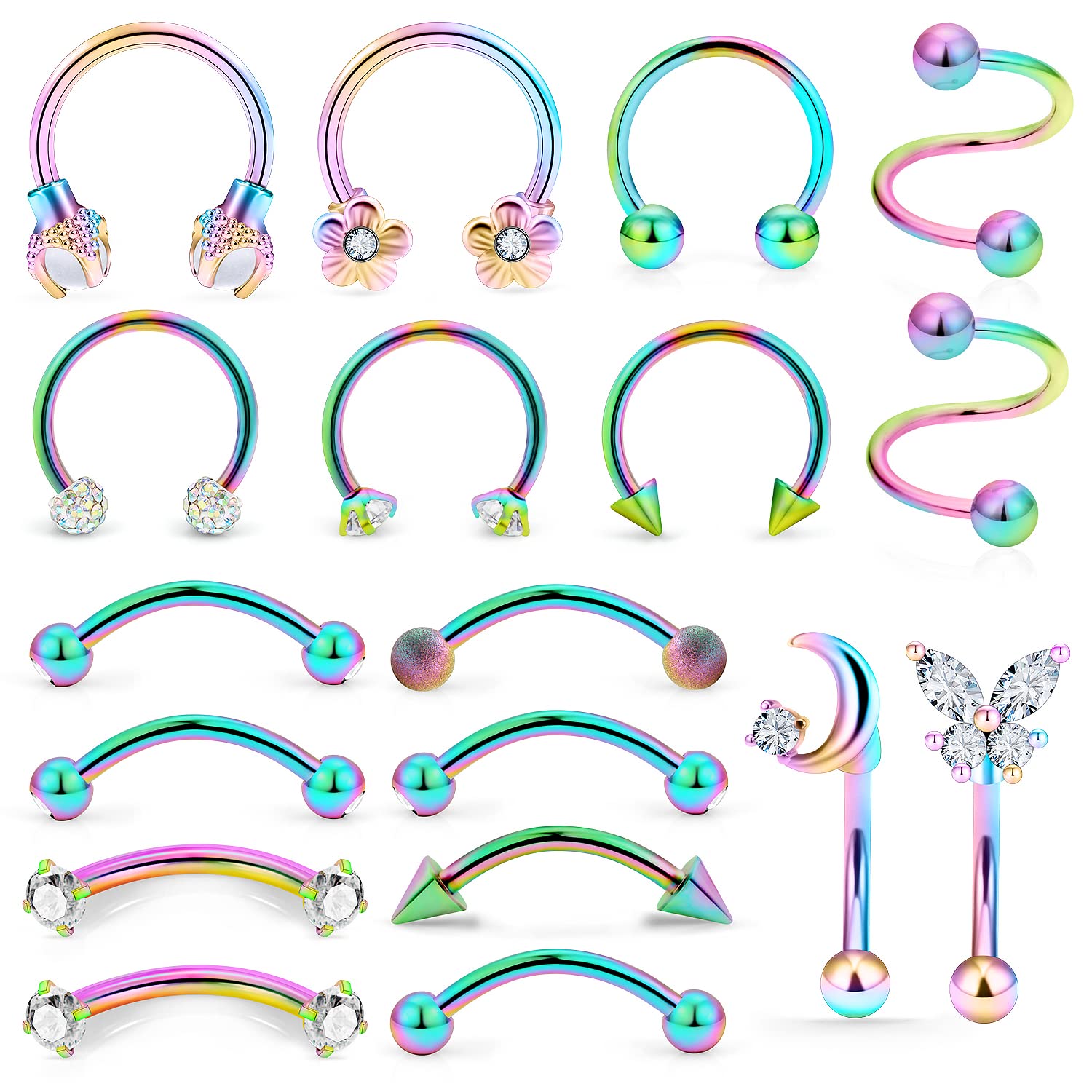 Dyknasz 18Pcs 16G Dragon Claw Horseshoe Daith Earrings for Women Men Rook Helix Piercing Jewelry Stainless Steel Curved Barbell Eyebrow Rings Flower Butterfly Moon CZ Style Rainbow