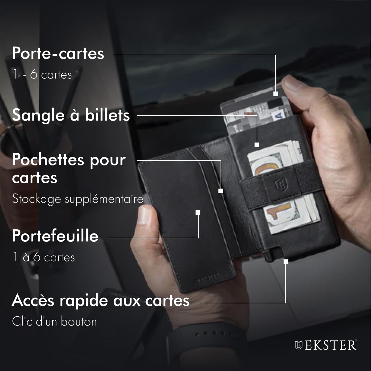 Ekster Parliament Men's Wallet | RFID Blocking Leather Minimalist Wallet | Slim Wallet for Men - Designed for Quick Card Access with Push Button (Nappa Black)