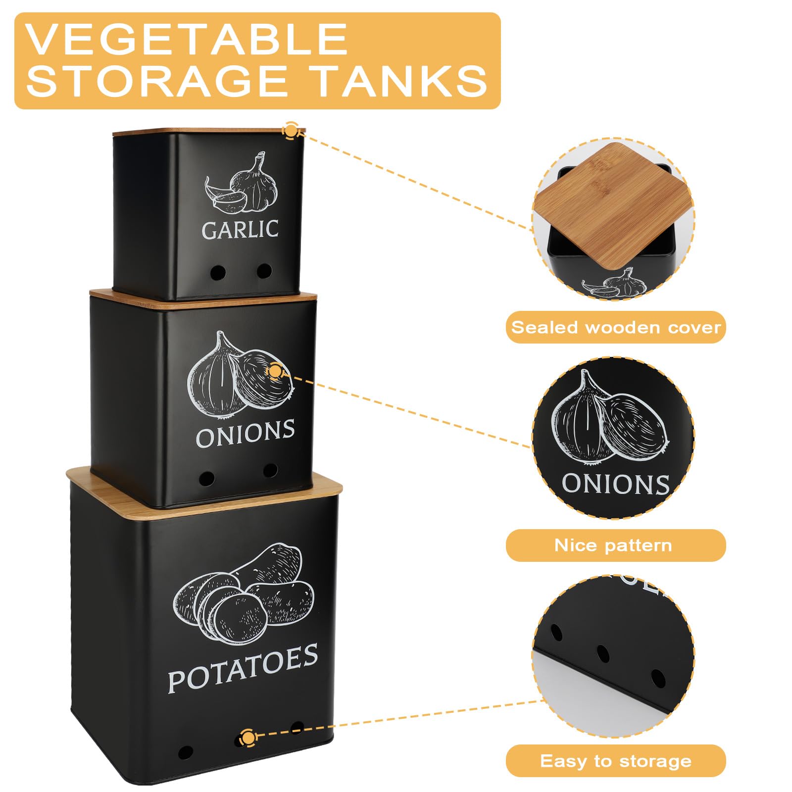 Moondust Wj 3 Pack Vegetable Storage Tins,Potatoes Storage,Metal Onion and Potato Storage Bins,Kitchen Potato and Onion Storage Bin,Onion Storage Containers with Aerating Holes and Wooden Lid.