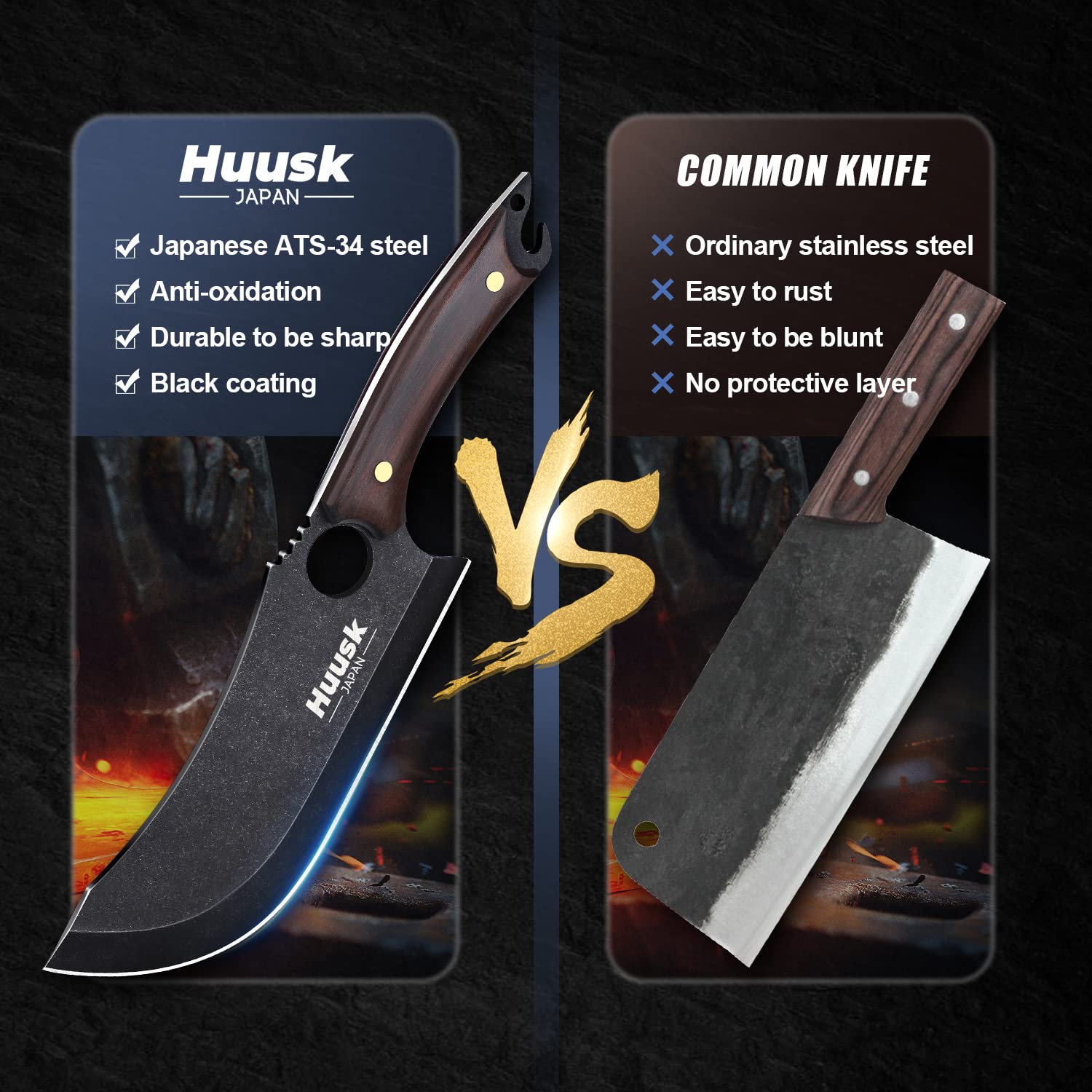 Huusk Upgraded Chef Knife Bundle with Black Meat Cleaver Viking Gift Men Cooking BBQ Camping Knives with sheath