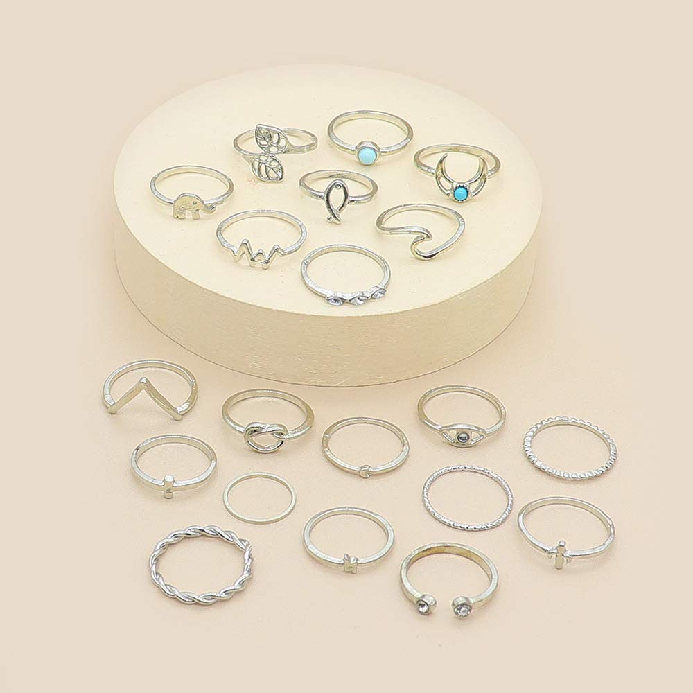 FUTIMELY 19PCS Boho Turquoise Knuckle Stacking Rings for Women Vintage Stackable Star Moon Wave Peak Sea Rhinestone Joint Midi Finger Rings Set (F:20Pcs)