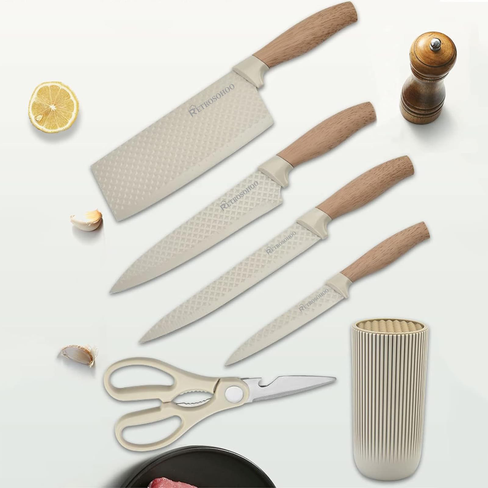 Kitchen Knife Set, Retrosohoo 5PC Yellow Stainless Steel Sharp Knife Set with Plastic Stand, Non-stick Chef Cooking Knife Set with Block for Cutting Slicing Chopping Paring (Yellow)