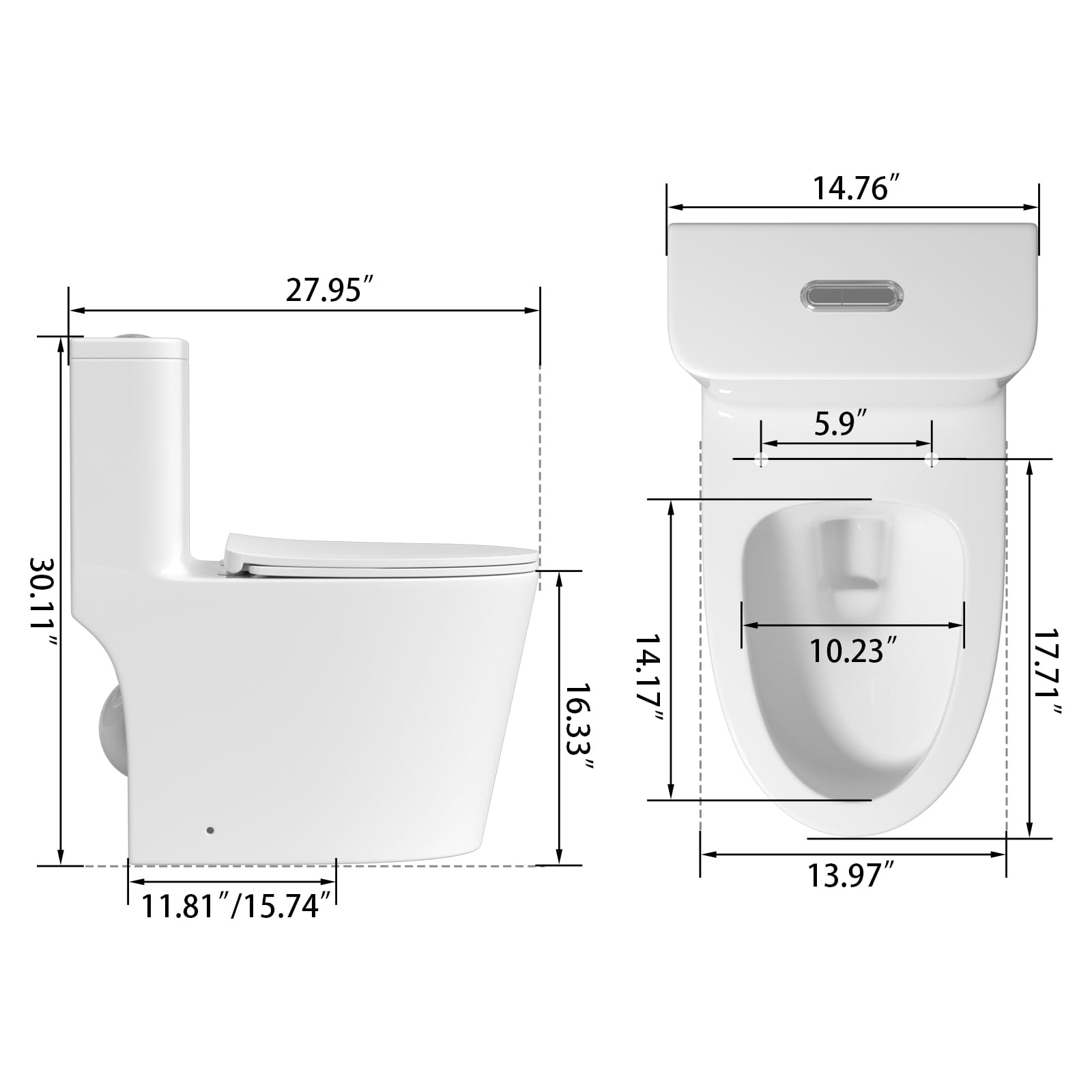 Dual Flush Elongated Standard One Piece Toilet with Comfortable Seat Height, Powerful & Quiet Dual Flush Modern Toilet, 12'' Rough-In, Glossy White,6636