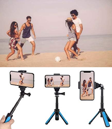 Extendable Mini Selfie Stick Tripod Two in One, Compatible with AKASO Gopro Hero 10/9/8/7/6/5 Various Action Camera and Cell Phone Accessories(Blue)