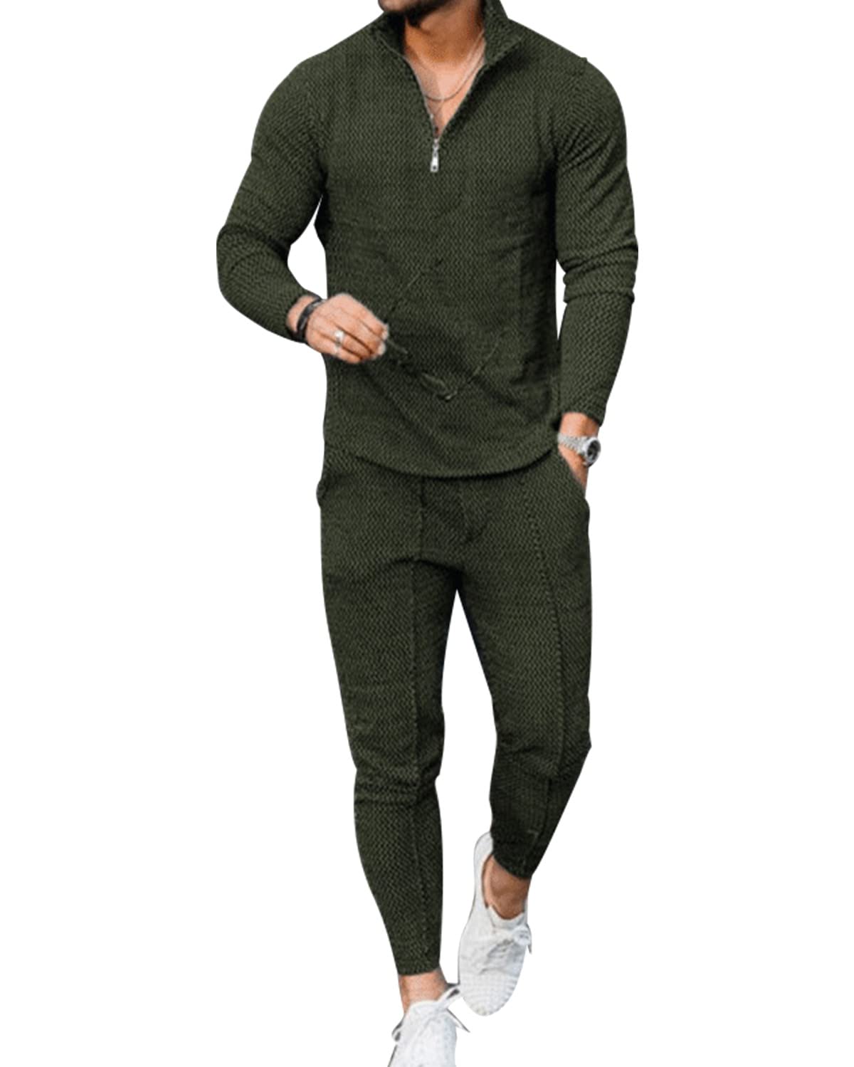 Fashion Men's Tracksuit 2 Piece Athletic Sweatsuits Zip Polo Shirts and Jogging Pants Running Sets Green